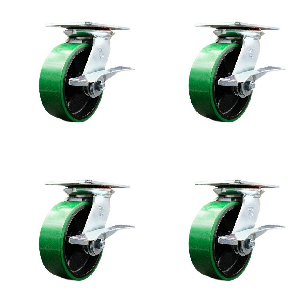 Service Caster Green Poly on Cast Iron Caster Set with Roller Bearing ...