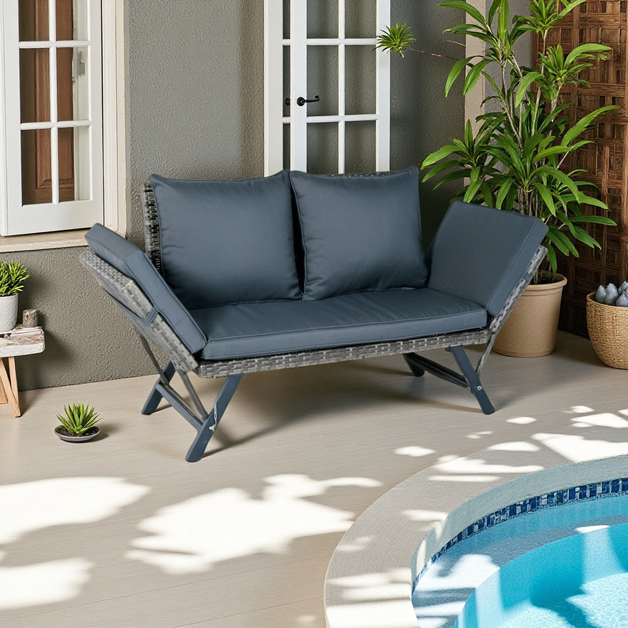 FAR AND NEAR 1 PCS Patio Wicker Side Foldable Bench Patio Backyard ...