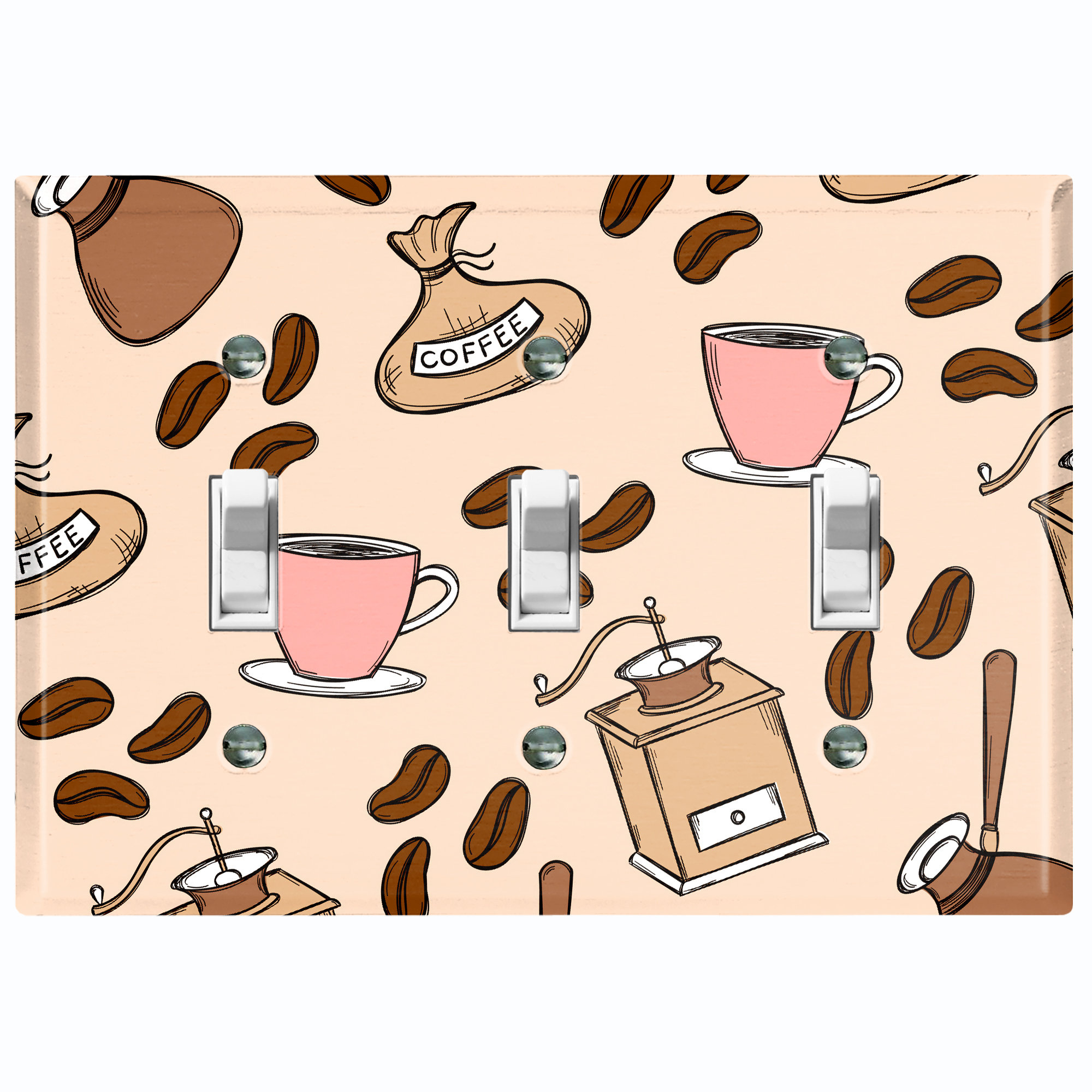 WorldAcc Coffee Cups Beans Press Maker Tan 3 Gang Toggle Light Switch ...