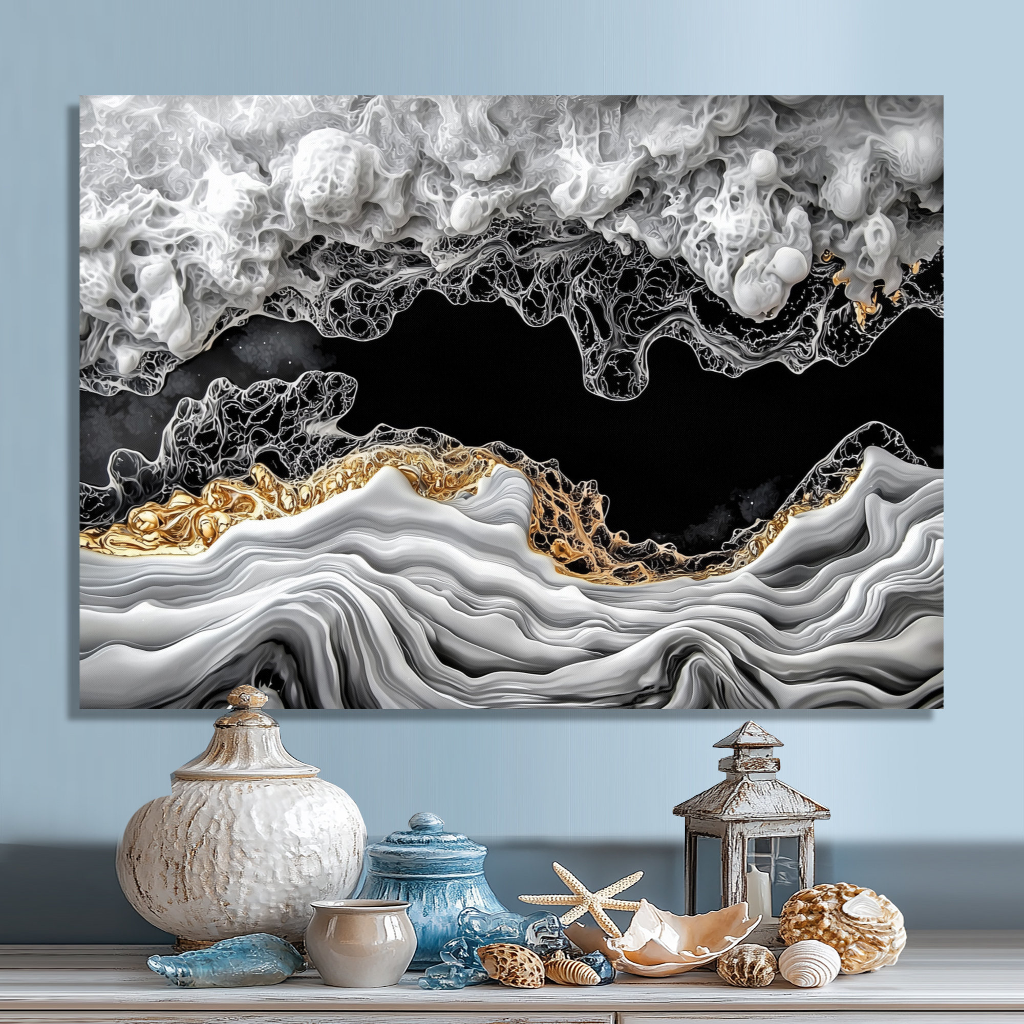 Ophelia & Co. Gold And Black Abstract Sea Breeze Waves I - Coastal ...