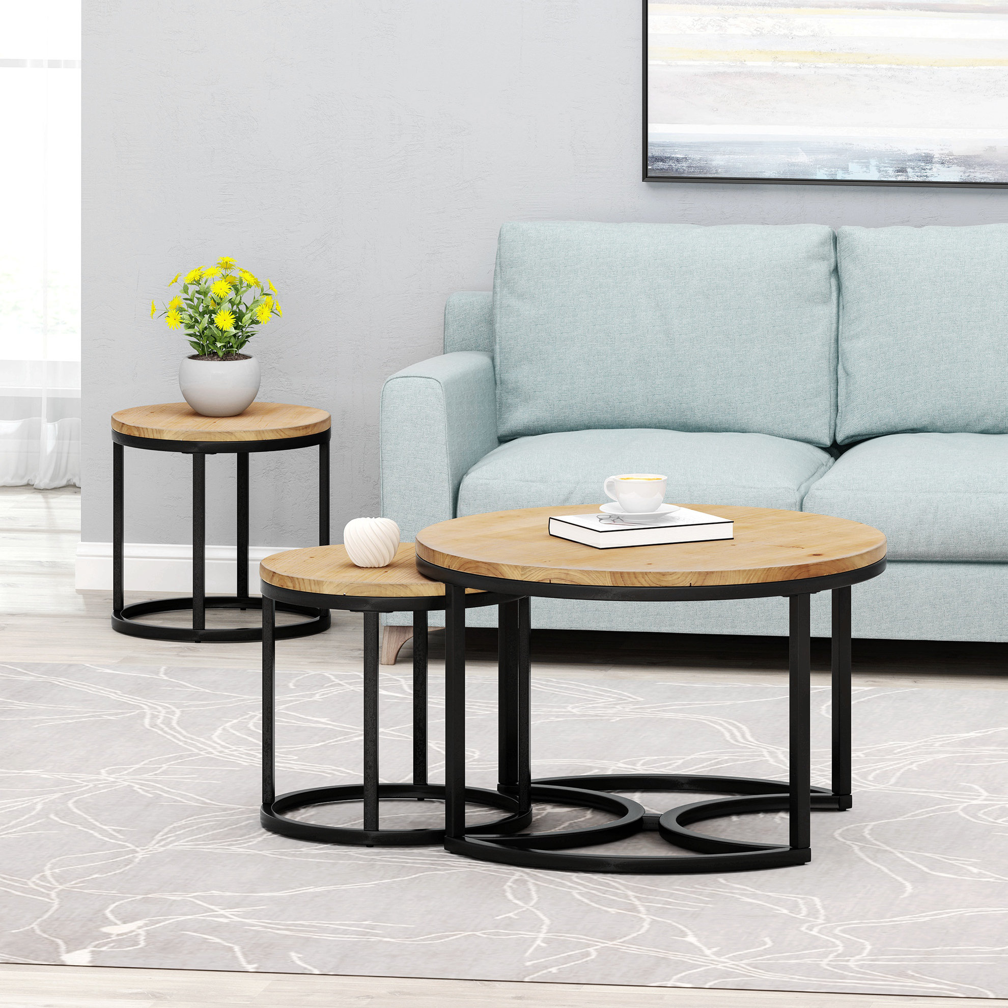 17 Stories Nesting Coffee & End Table Set - Firwood Top & Iron Frame ...