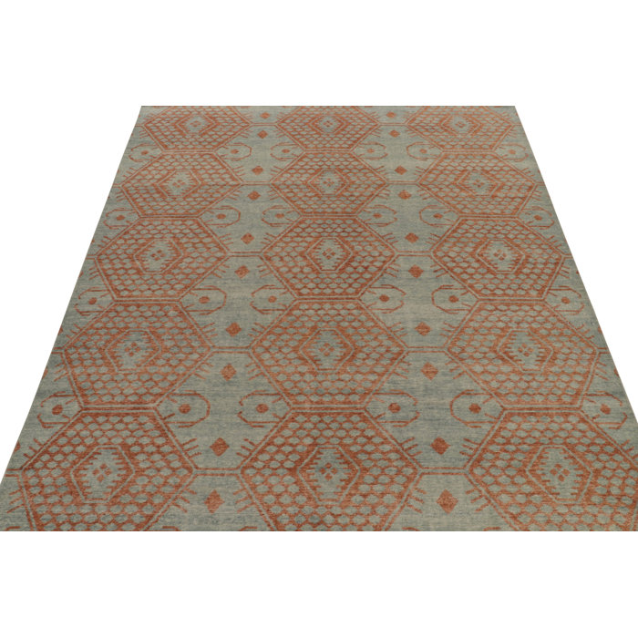 Rug & Kilim’S Distressed Rug In Blue And Rust Orange Geometric Patterns ...