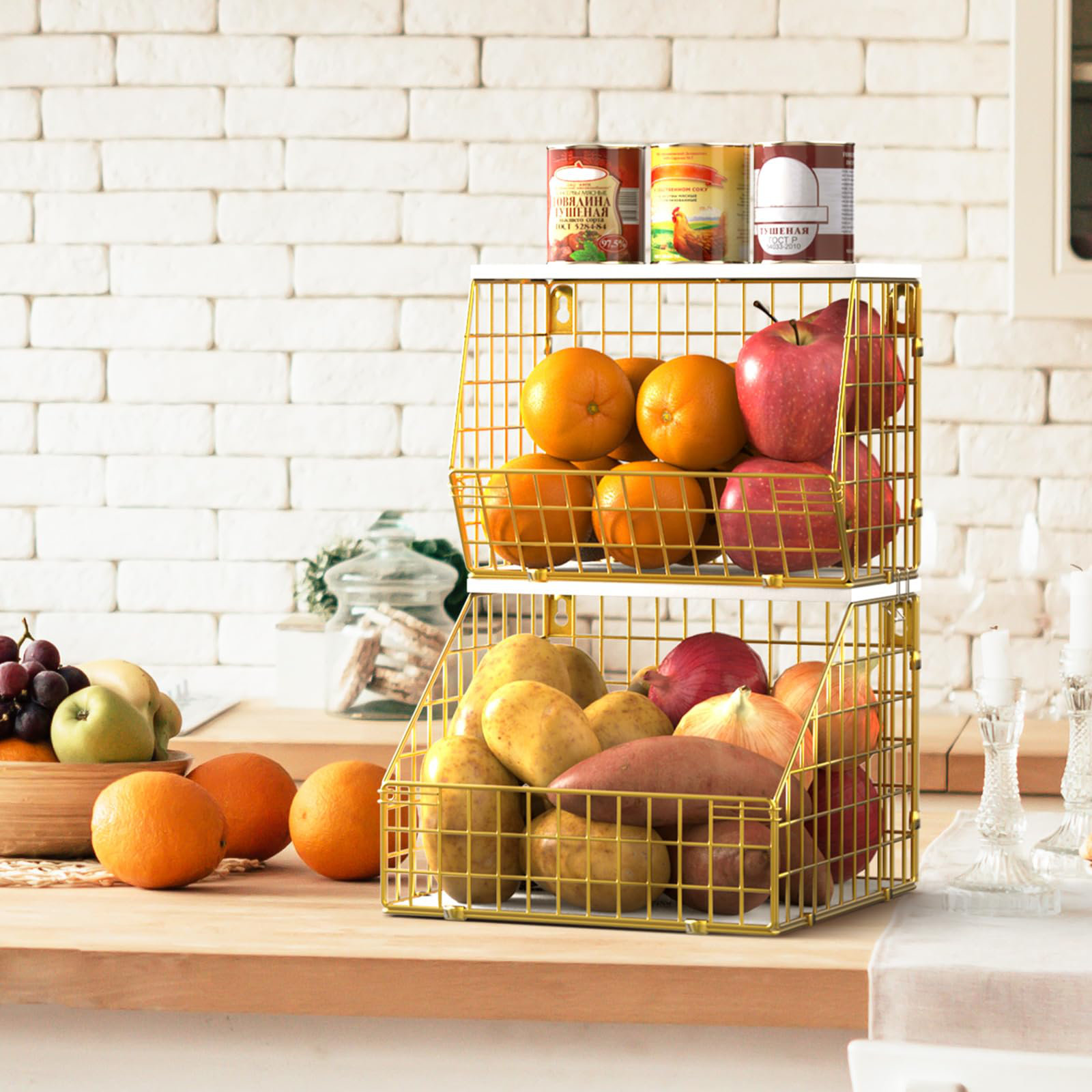 Everly Quinn Gold Wall-Mounted Metal Wire Basket With Wood Lid ...