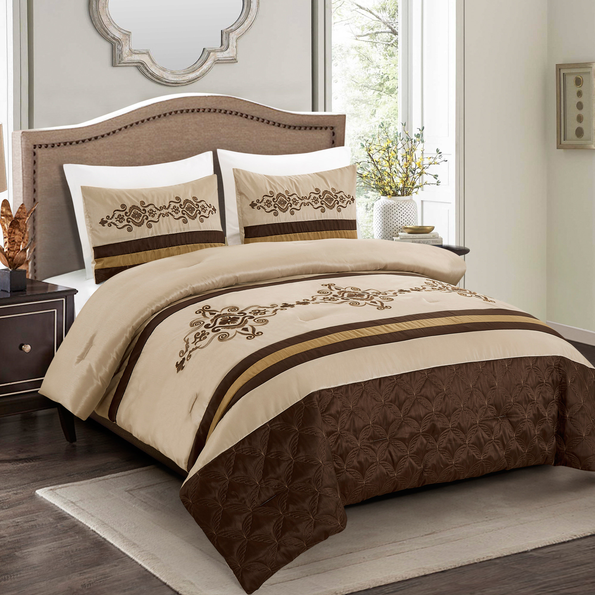 World Products Mart 3 Pieces Royal Faux Silk Luxury Comforter Set Beige ...