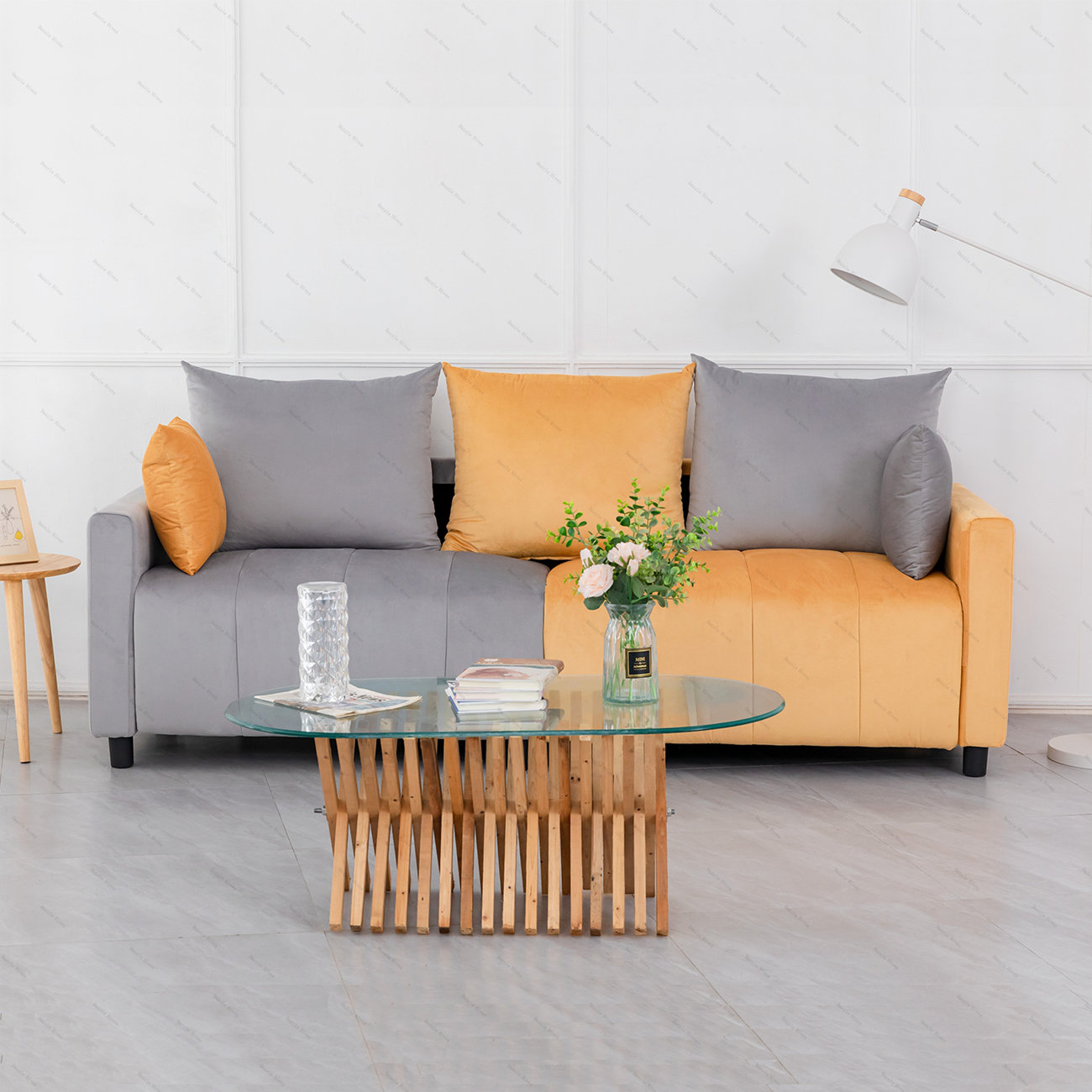 Mercer41 Velvet Modern 2-Seater Sofa, Light Grey & Yellow Two-Tone ...