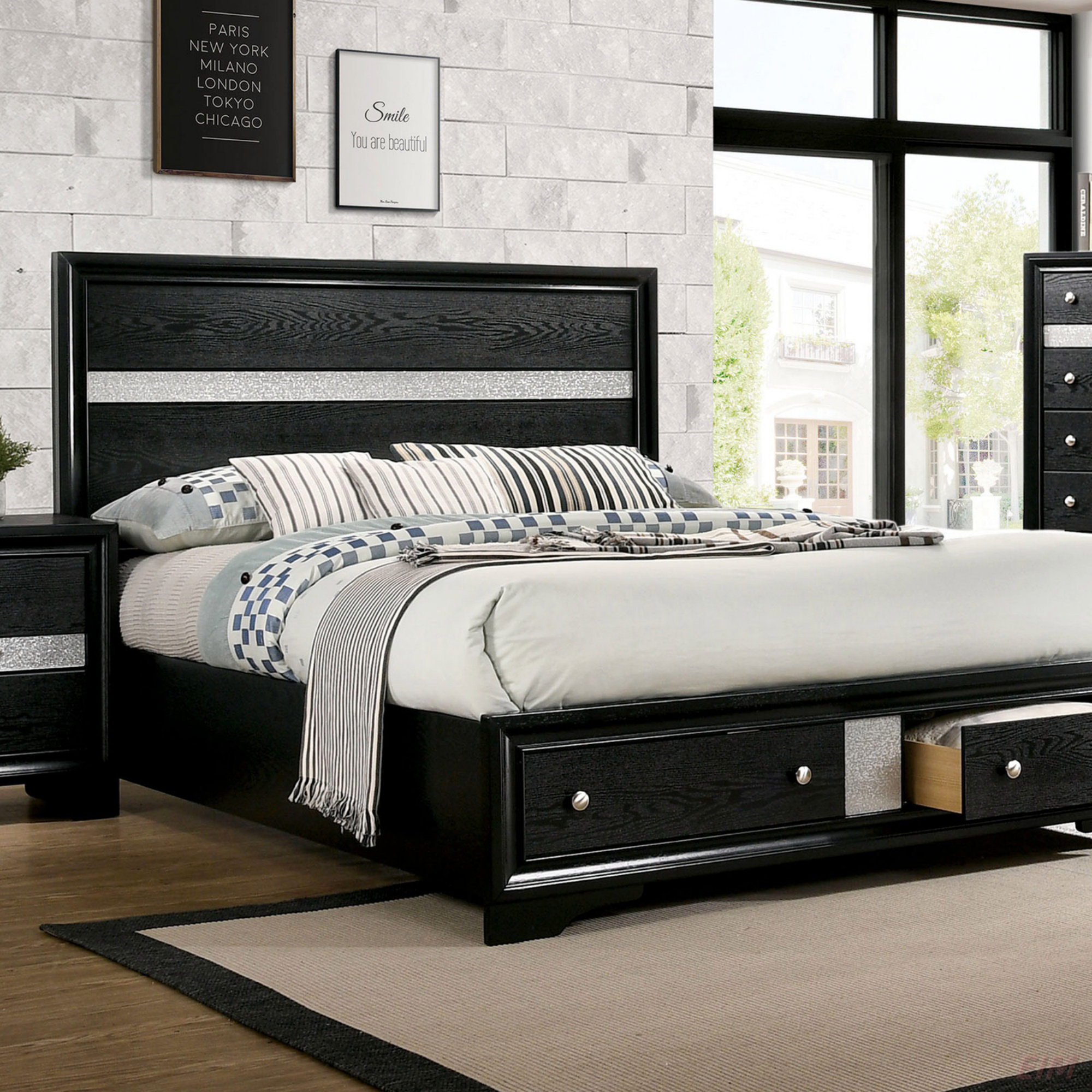 House of Hampton 1Pc Contemporary Queen Size Bed Black Solidwood 1Pc ...