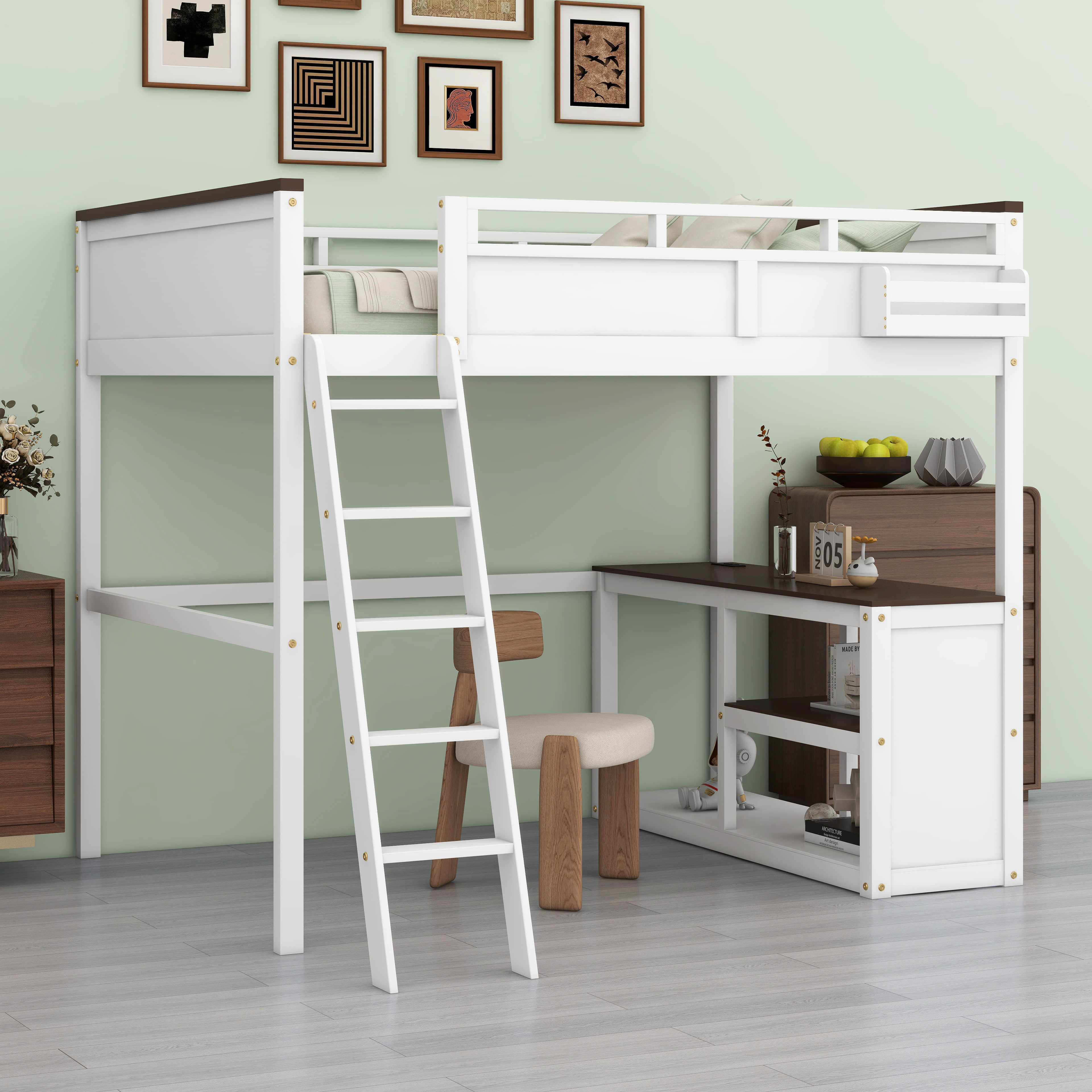 Latitude Run® Queen Size Loft Bed With Built-In Desk And Open Shelf ...