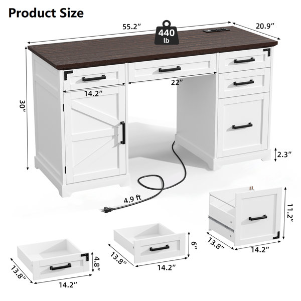 One Allium Way 55" Farmhouse Executive Desk, Computer Desk With Drawers ...