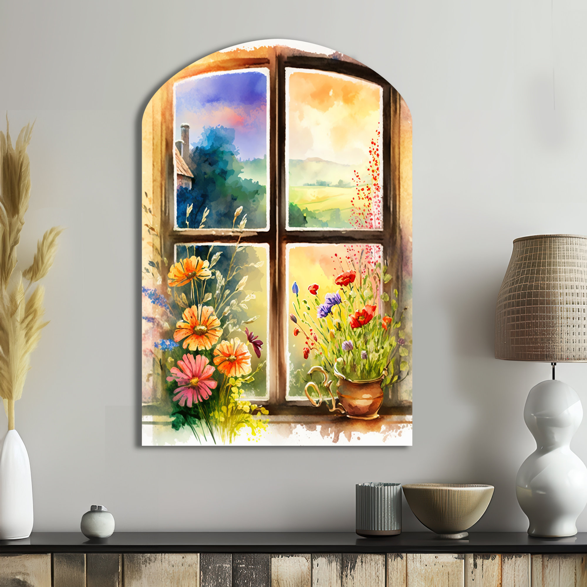 One Allium Way Summer Sunset Floral Window II - Farm Windows Arch Shape ...