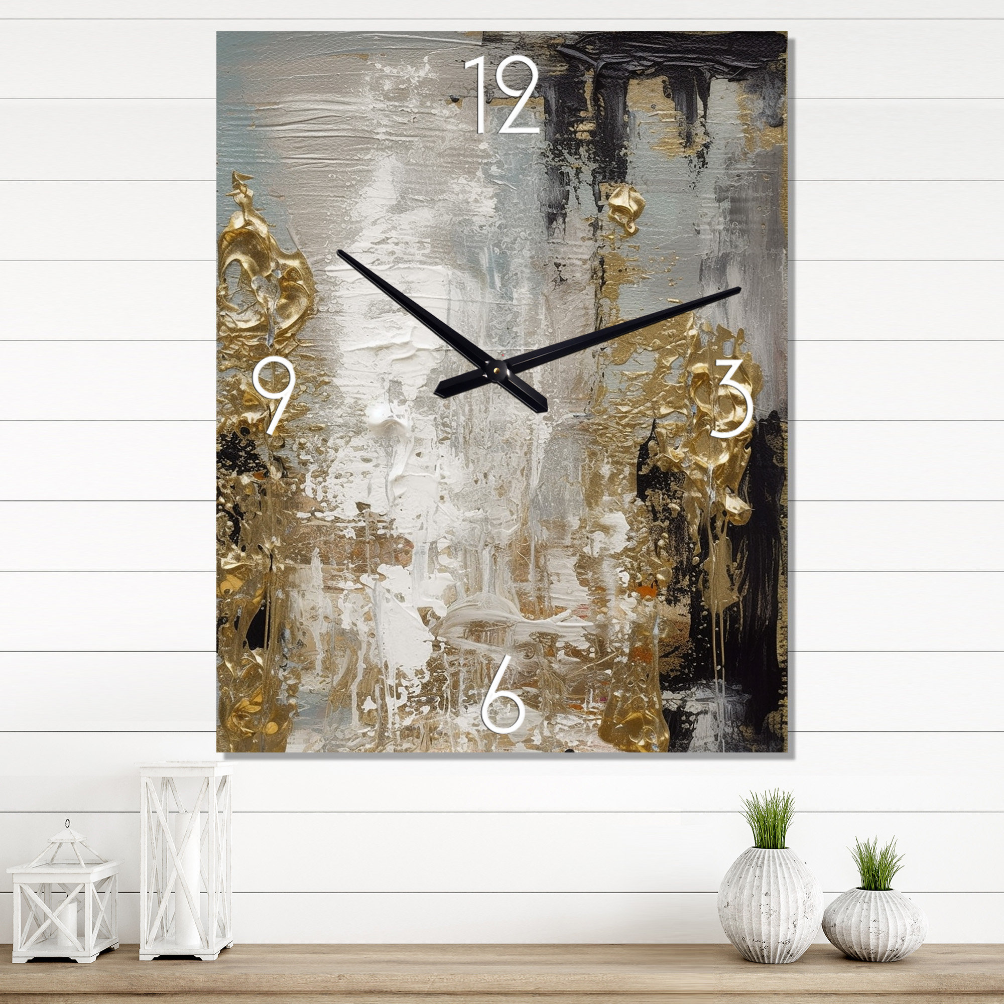 Design Art White And Gold Modern Abstract III - Abstract Wall Clock ...