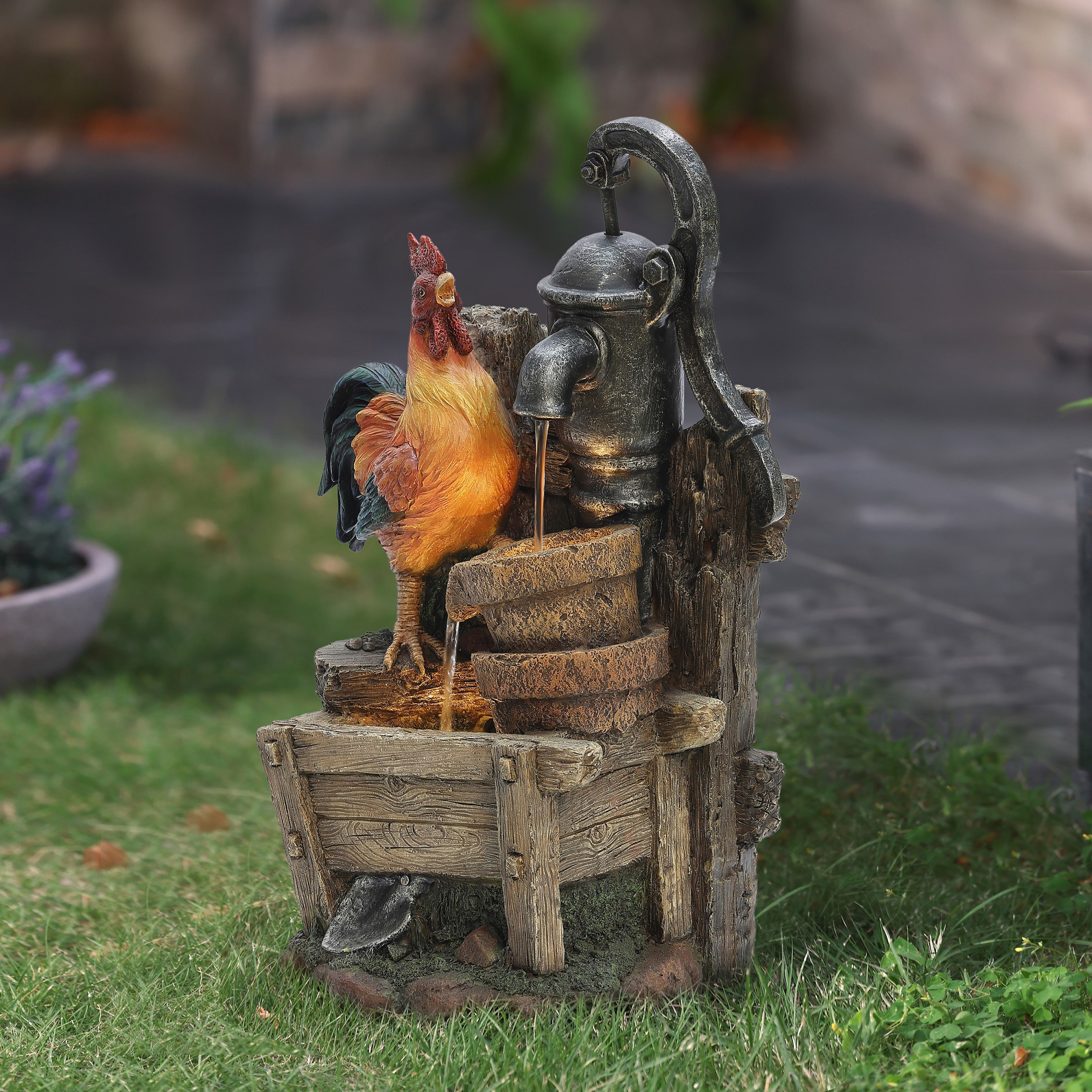 August Grove Arlind Wood Farmhouse Pump and Rooster Fountain with Light ...