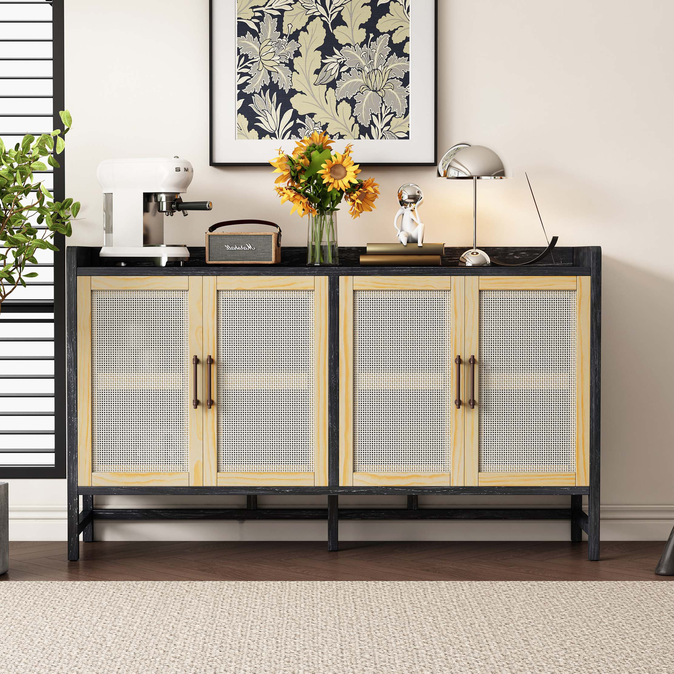 Highland Dunes Rustic Sideboard Cabinet With Decorative Rattan Doors ...
