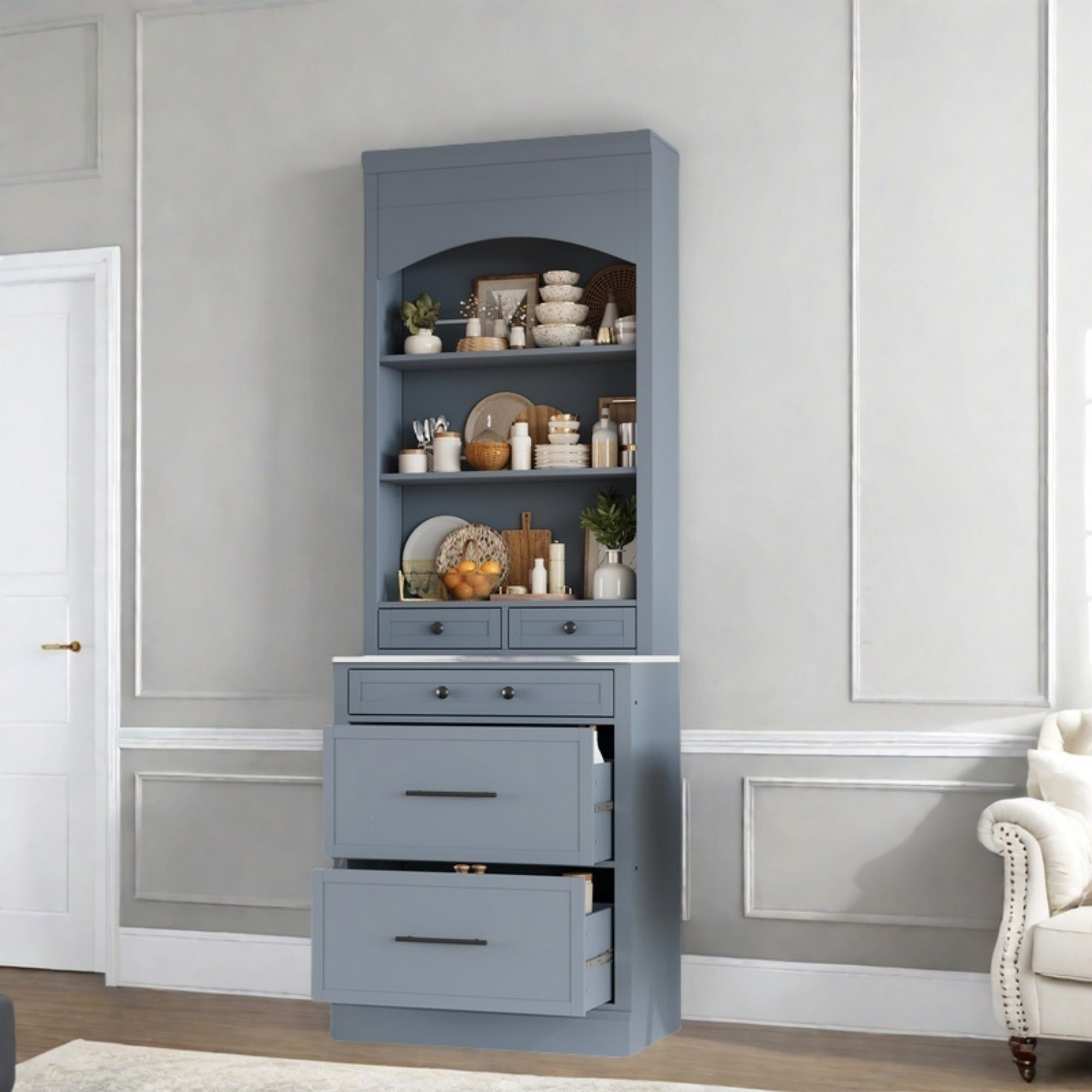 Mercer41 Modern High Kitchen Pantry With Faux Marble Top, 5 Drawers And ...