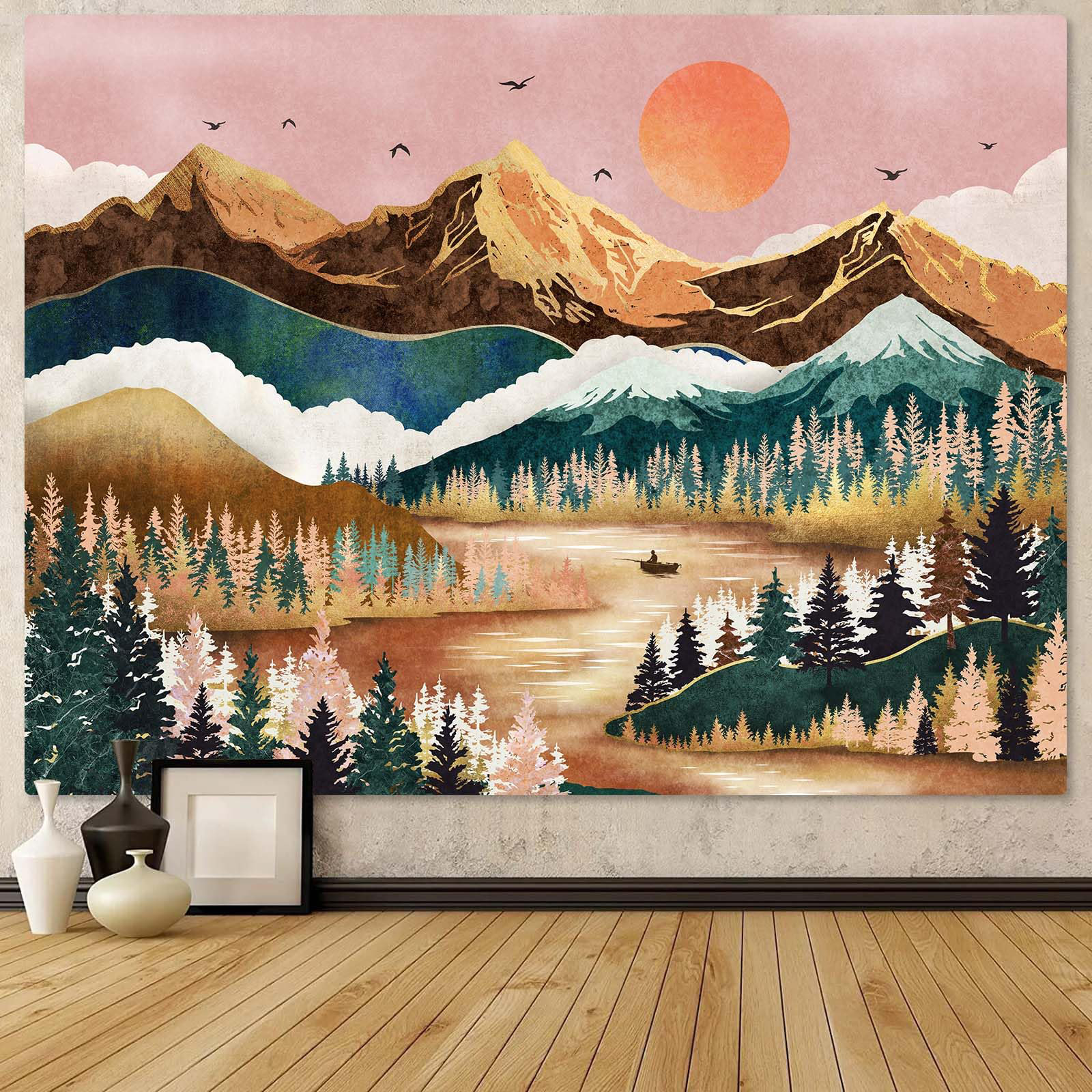 PET SUPPLY PLUS INC Mountain Tapestry Nature Forest Tree Tapestries For Bedroom Aesthetic Sunset ...