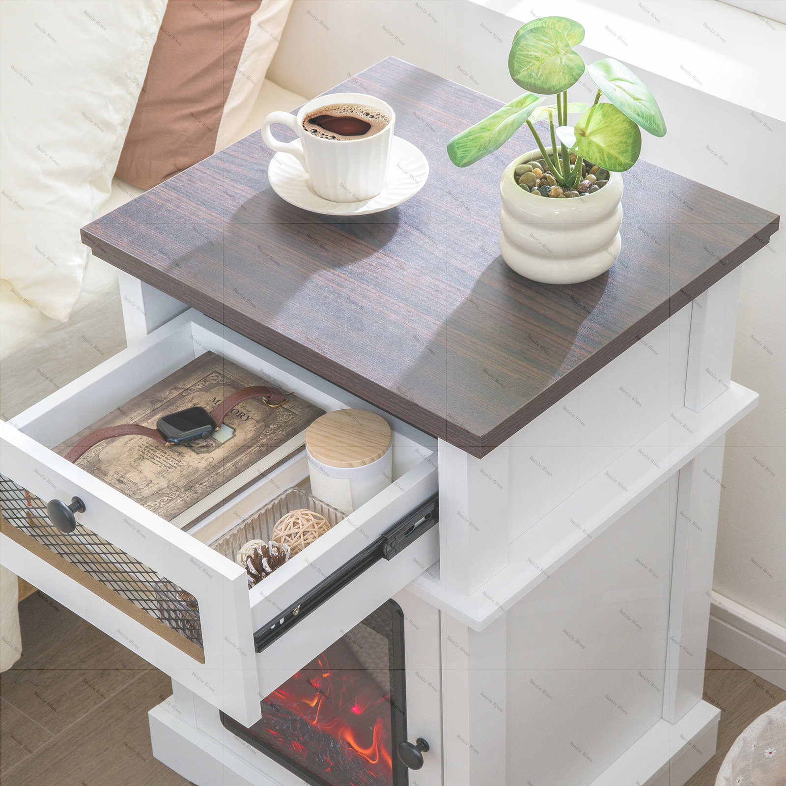 Lark Manor™ LED Fireplace Nightstand with Drawer,Adjustable Light ...