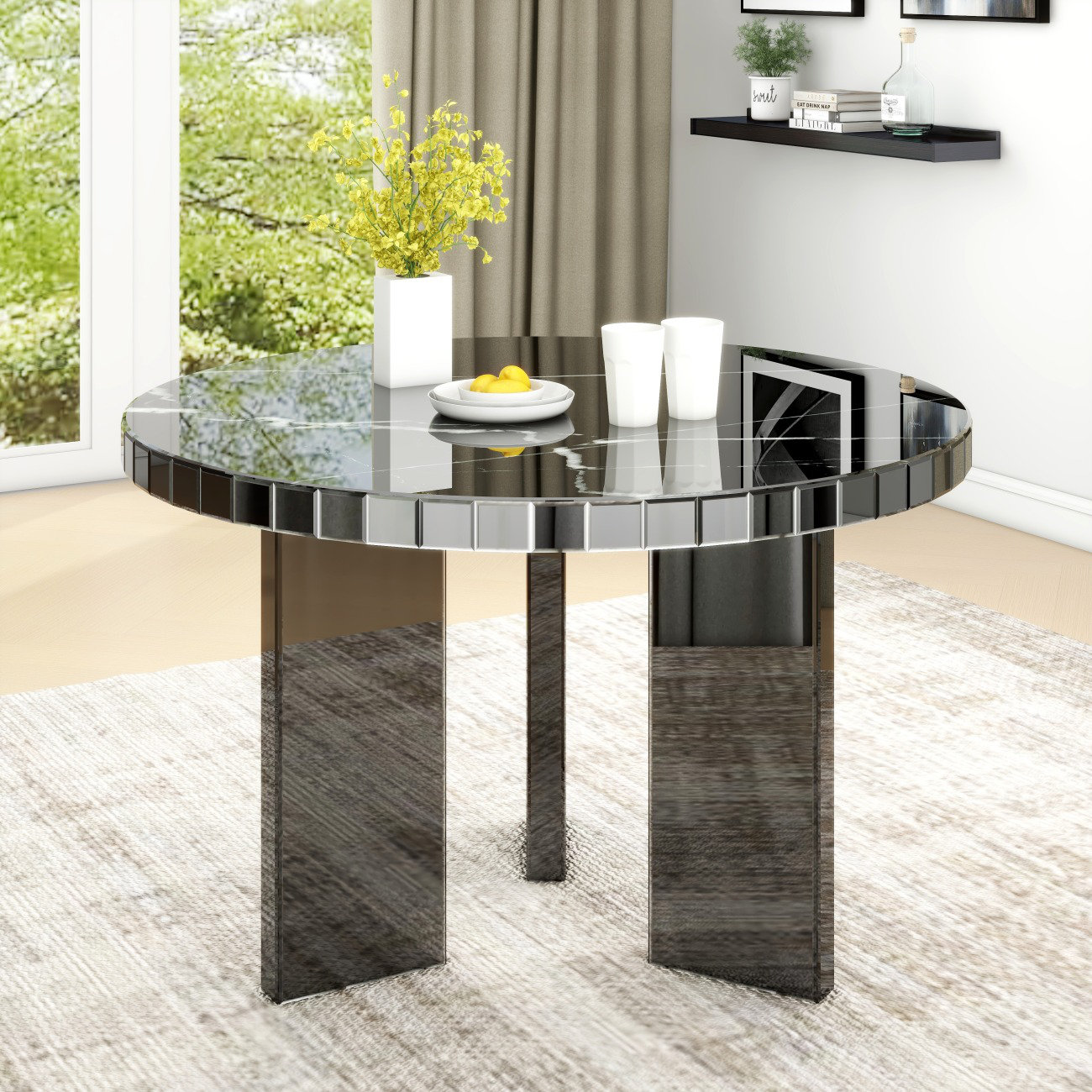 Ivy Bronx 48" Round Faux Marble Mirrored Dining Table - Wayfair Canada