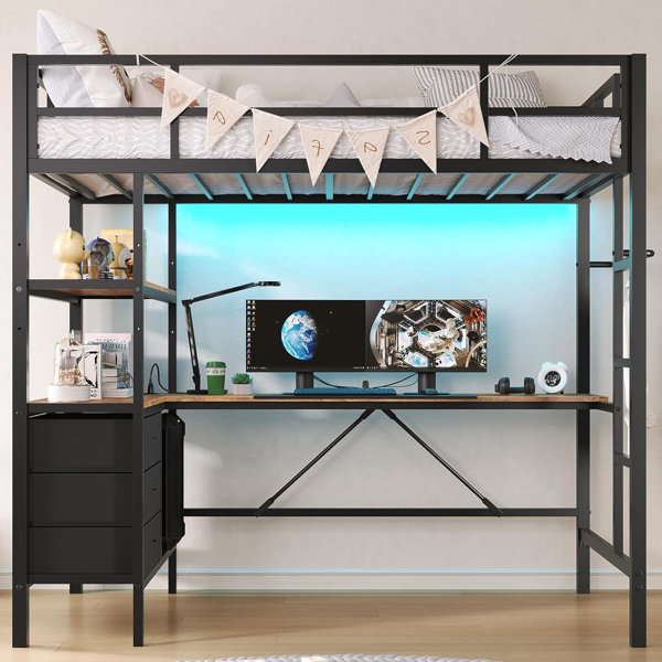 Mason & Marbles Twin Metal Loft Bed With L-shaped Desk, Led Lights ...