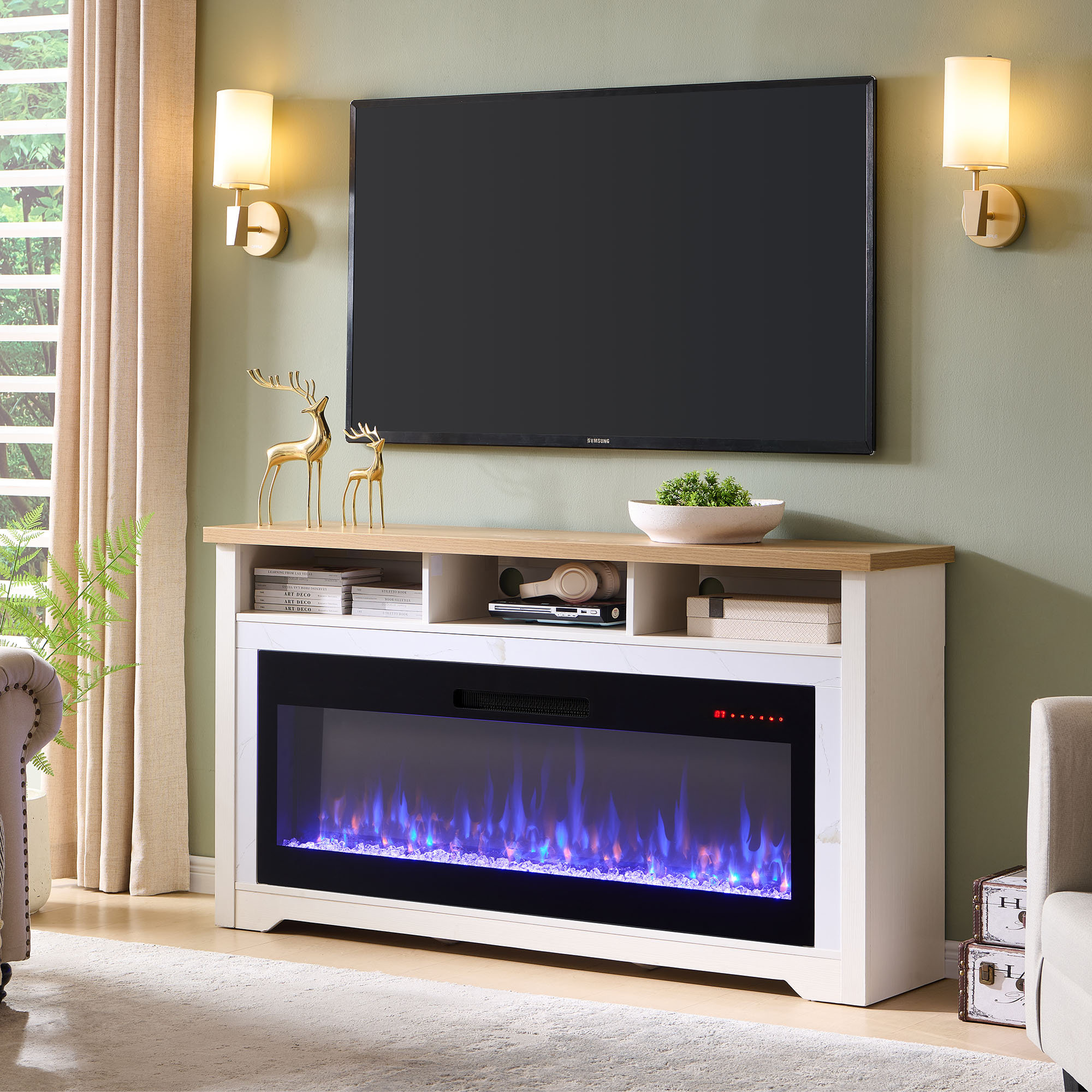 WOLTUBD Meuble télé 70 po pour téléviseur de 70 po ou moins avec foyer ...