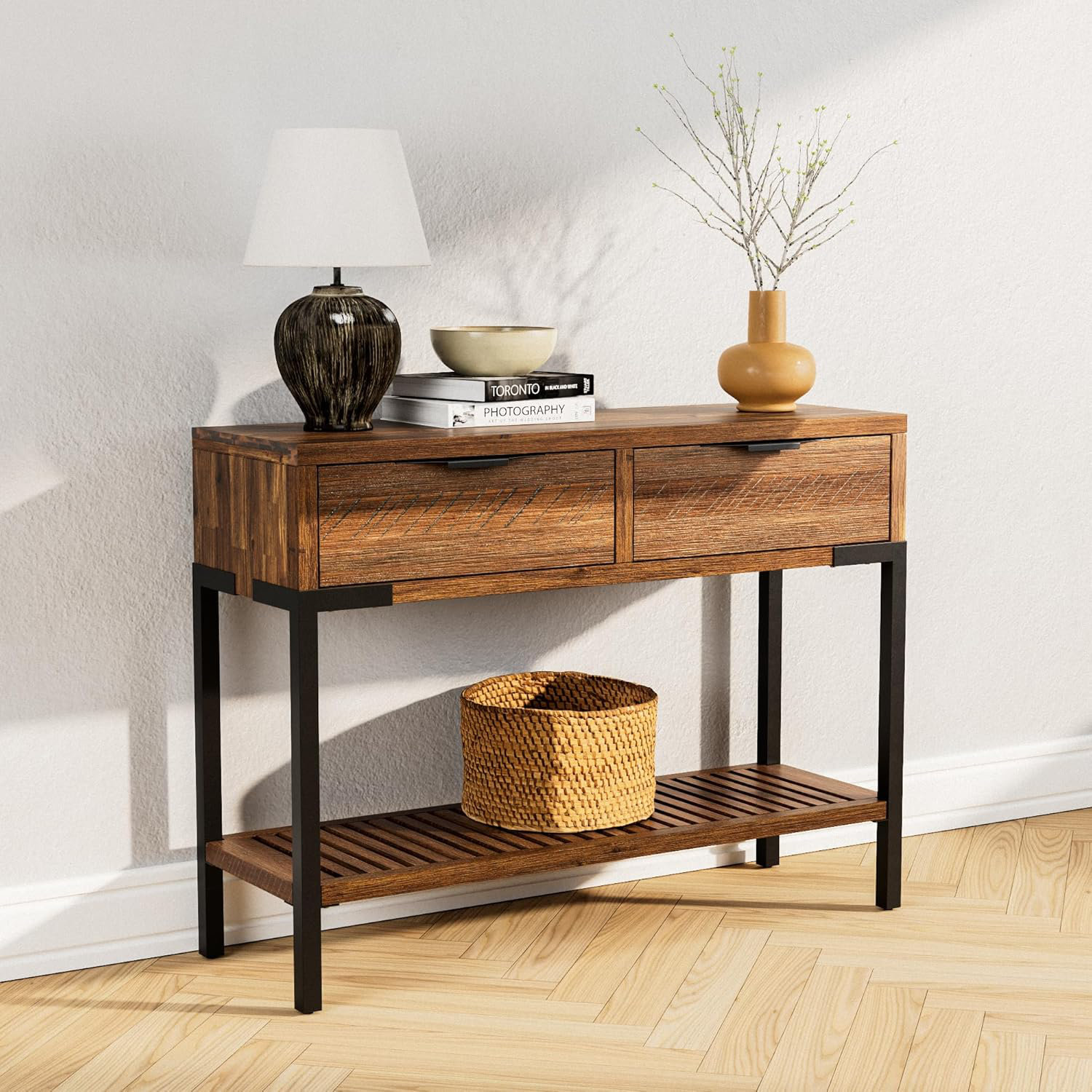 17 Stories Rustic Chestnut Wood Console Table With Drawers & Shelves ...