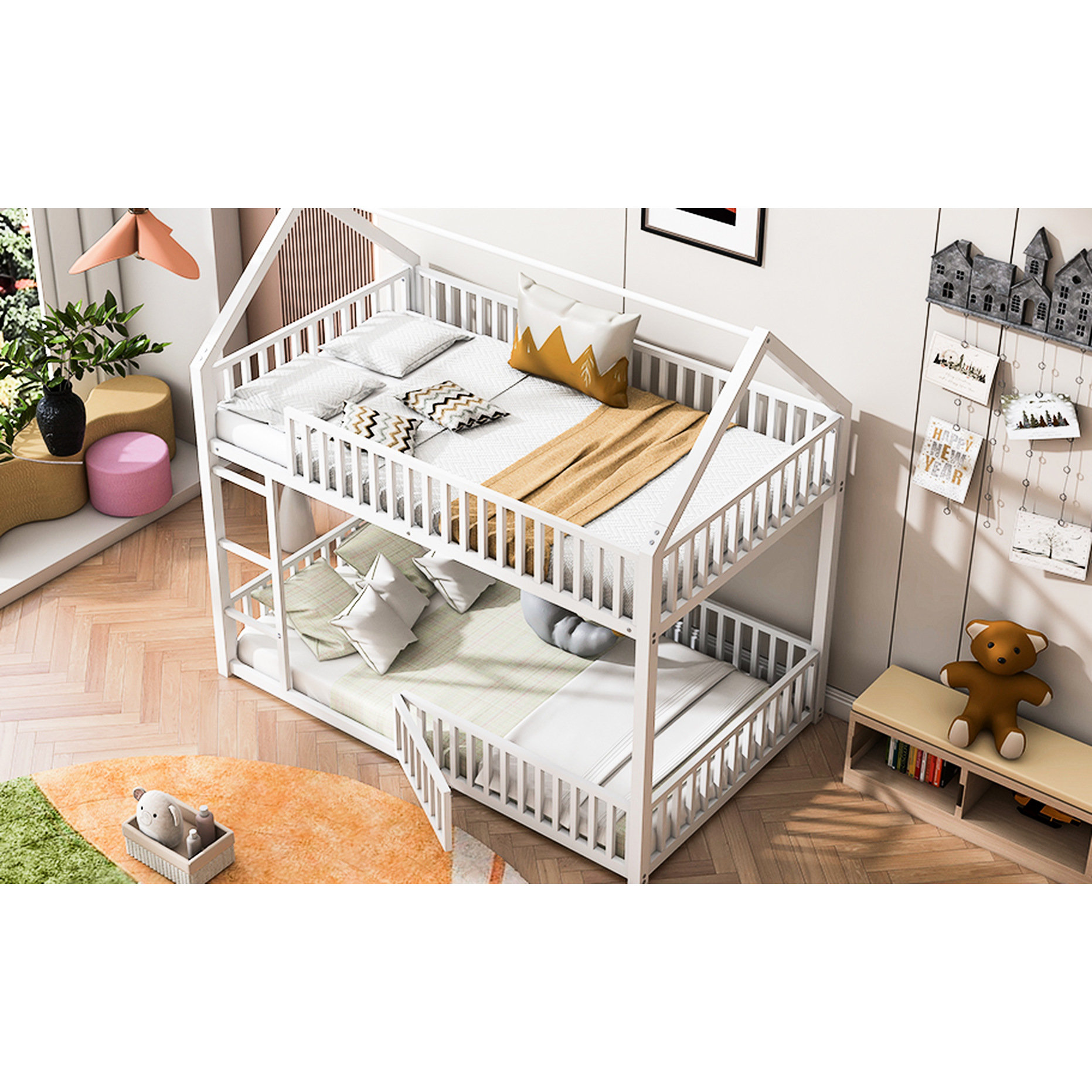 Latitude Run® White Metal House Bunk Bed - Twin Over With A Stable ...