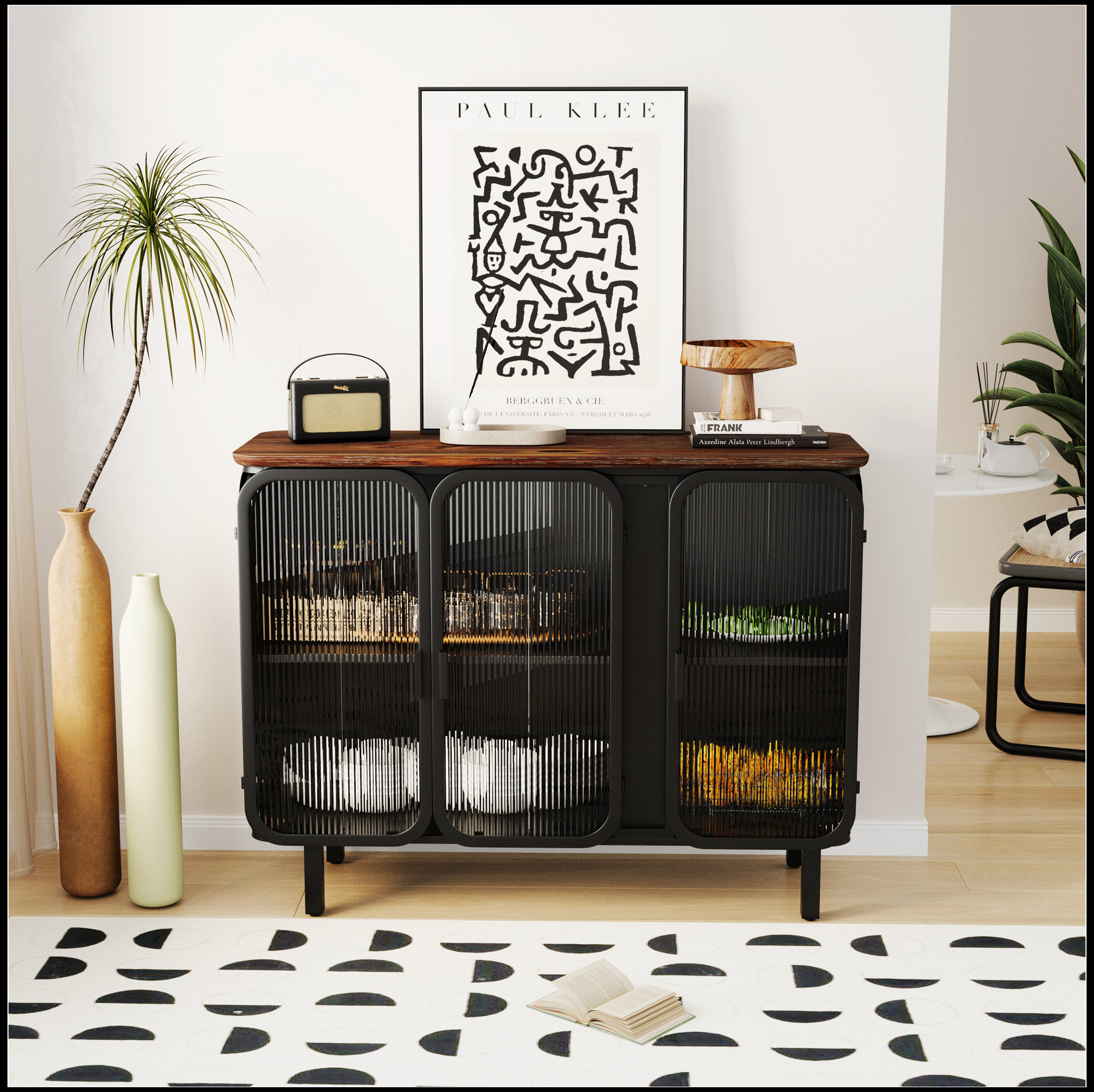 17 Stories Jonasia Buffet Sideboard with 3 Glass Doors, Storage Cabinet ...