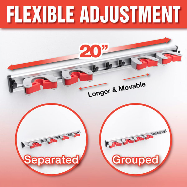 WFX Utility™ 20" Broom Holder Wall Mount - 4 Sliding Broom Mop Holders ...