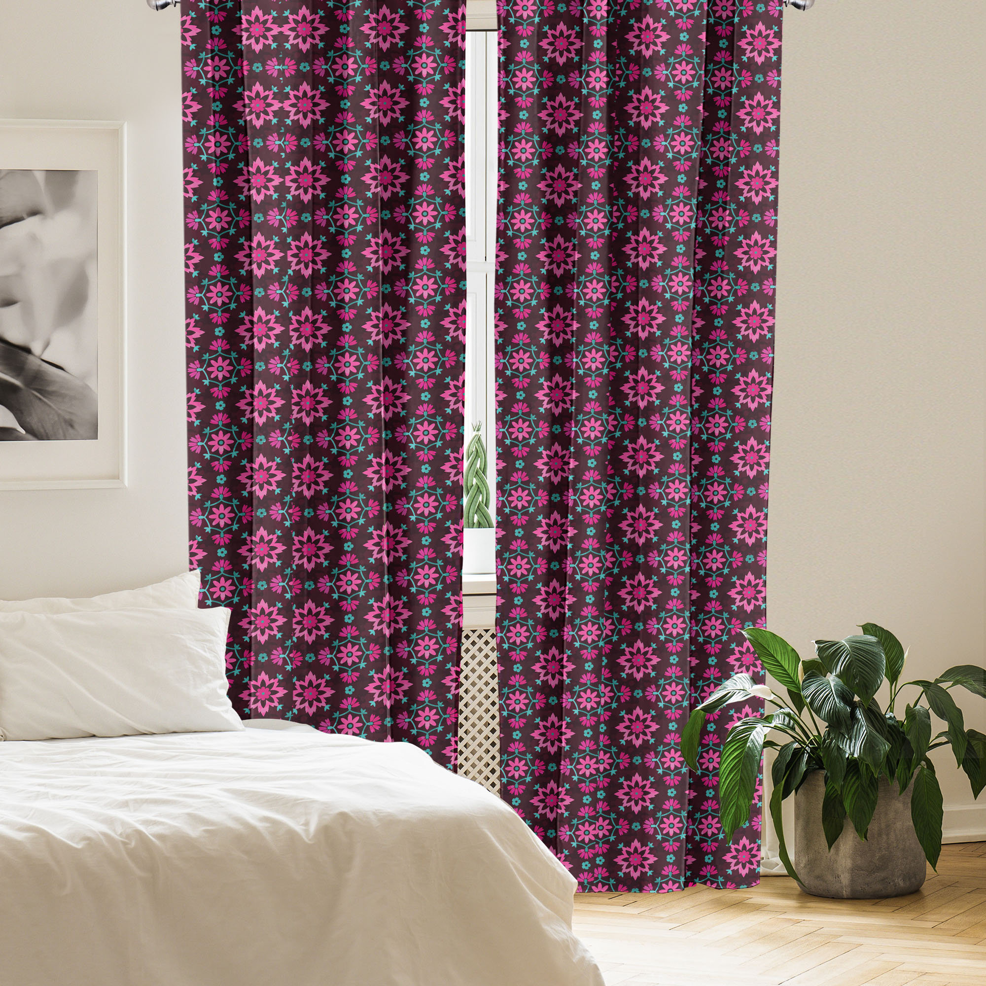 East Urban Home Floral 4-Panel Curtains, Boho Botany Foliage, Burgundy ...