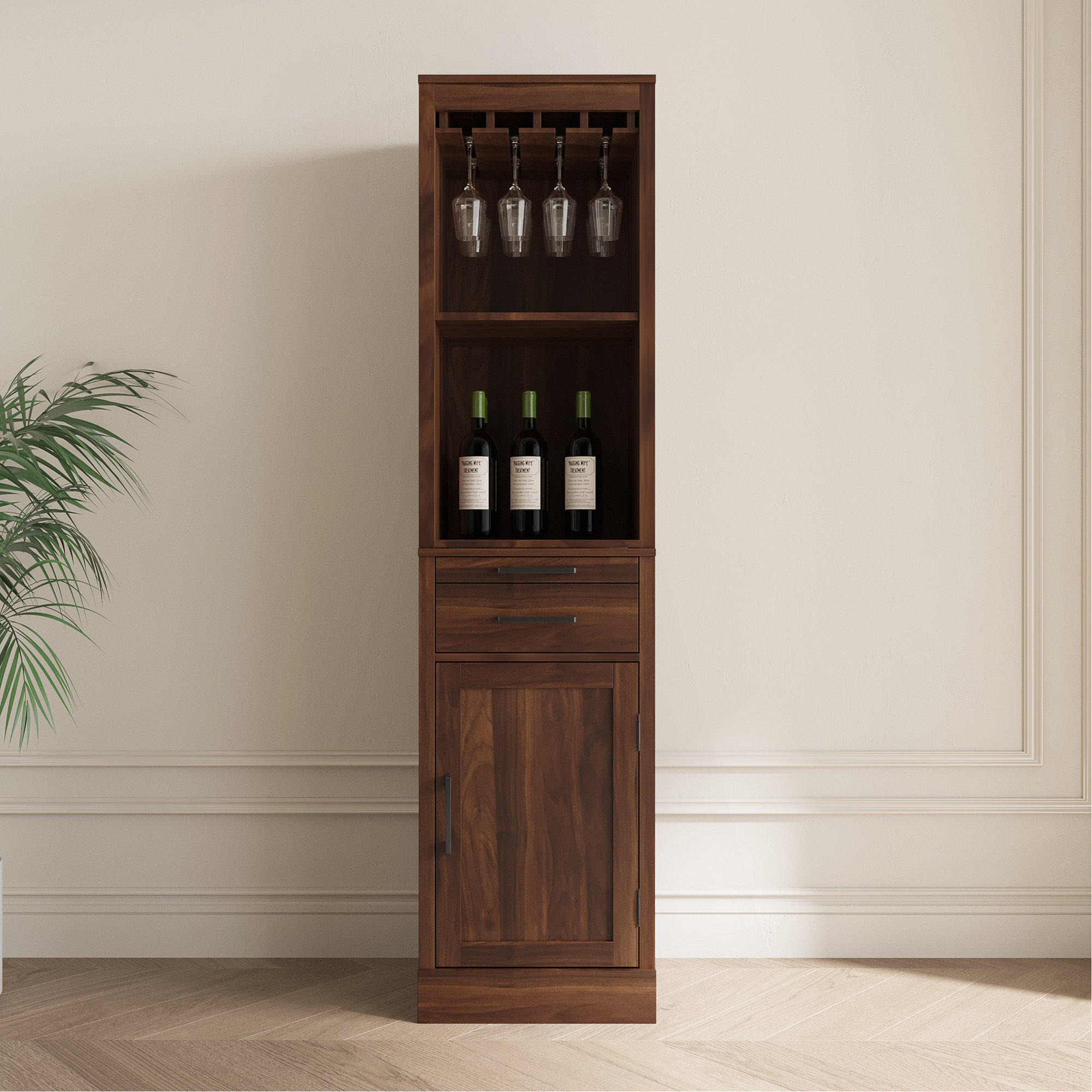 Ebern Designs Brown Walnut Color Modular Wine Bar Cabinet With Storage ...