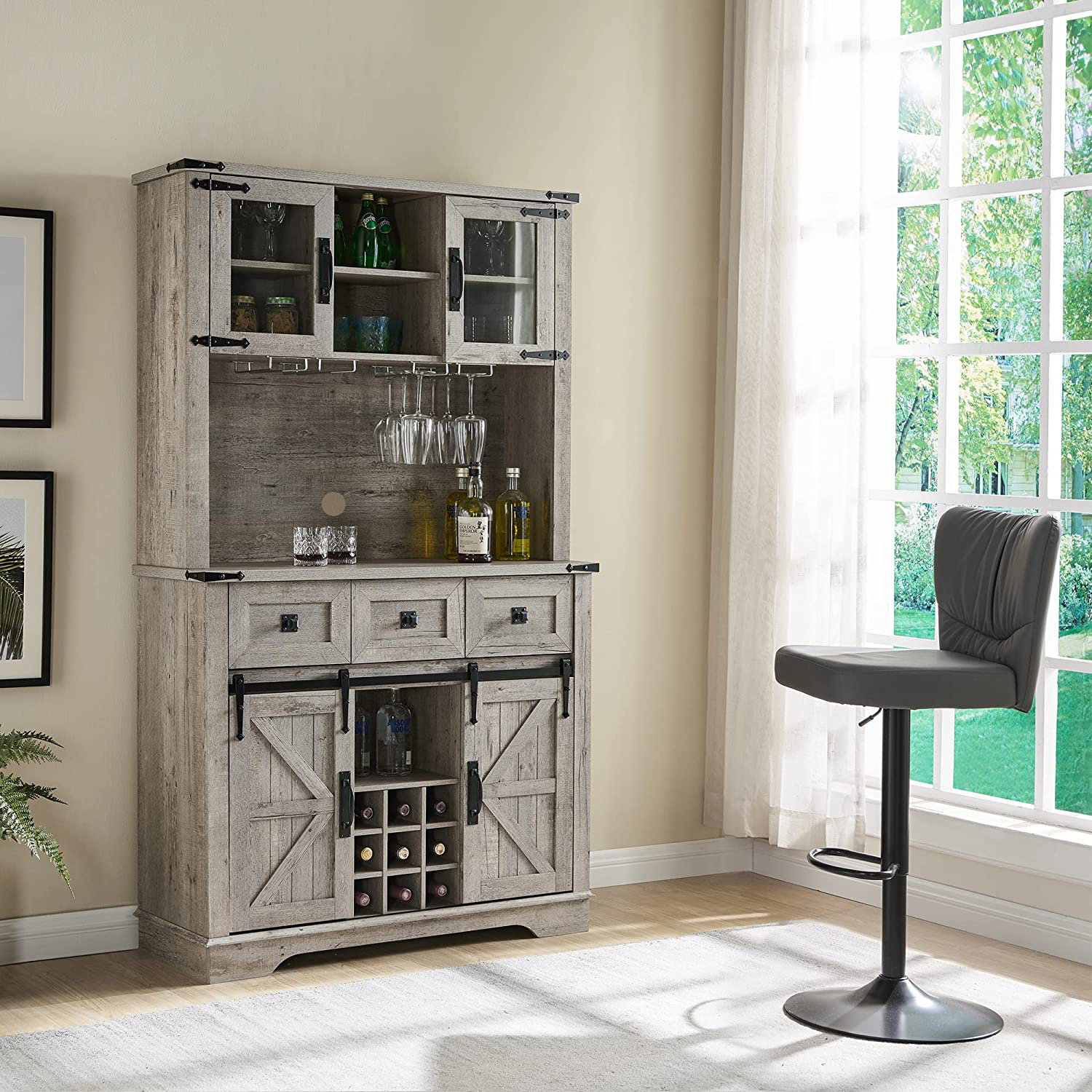 Gracie Oaks Kymbella 72" Tall Bar Cabinet with Hutch, Sliding Barn Door ...