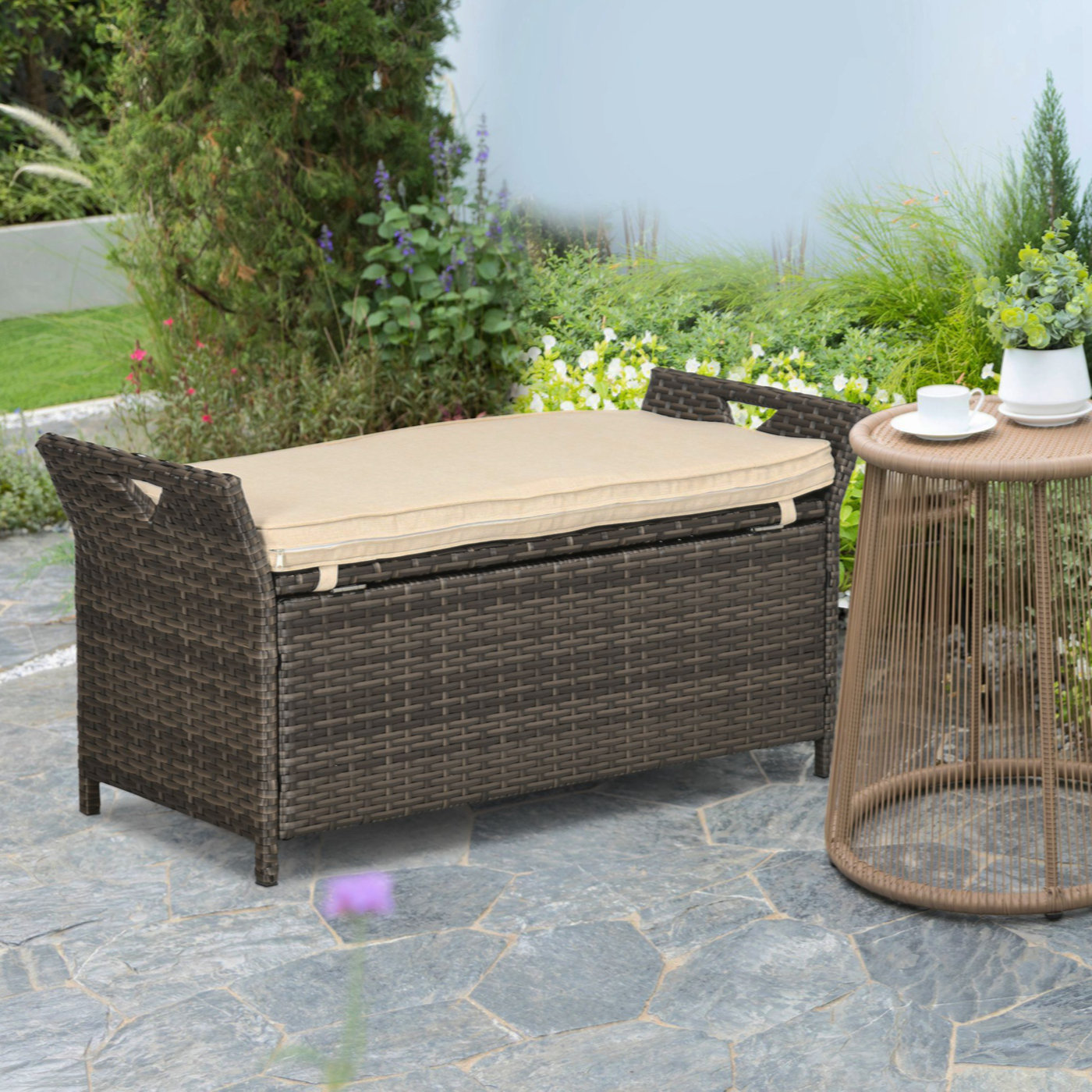 Dakota Fields Outsunny Gallon Patio Wicker Storage Bench, Outdoor Patio ...