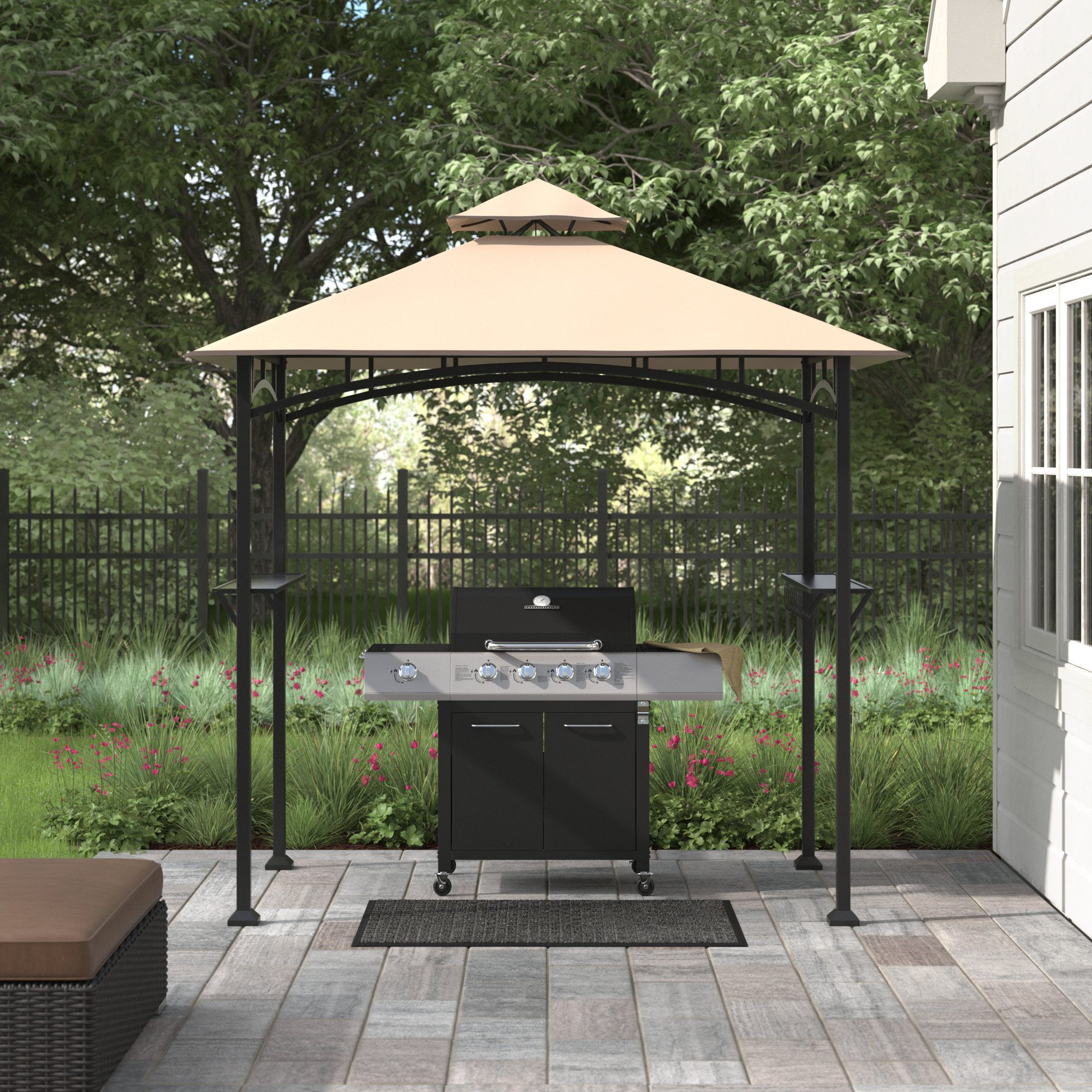 Sunjoy 5 x 8 ft Black Steel Frame Double Tiered Canopy Grill Gazebo for ...