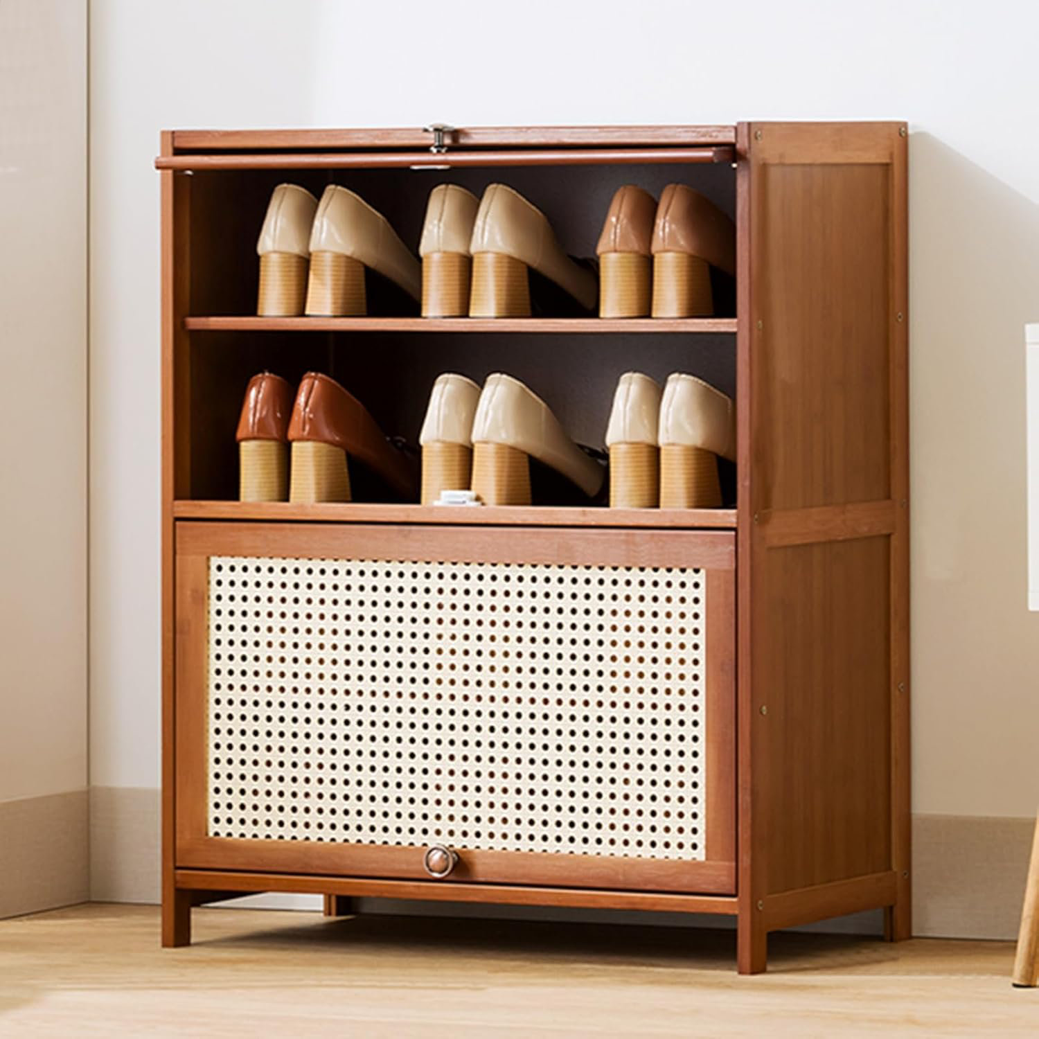Dakota Fields Bamboo Shoe Rack with Rattan Door and 5 Rows | Wayfair