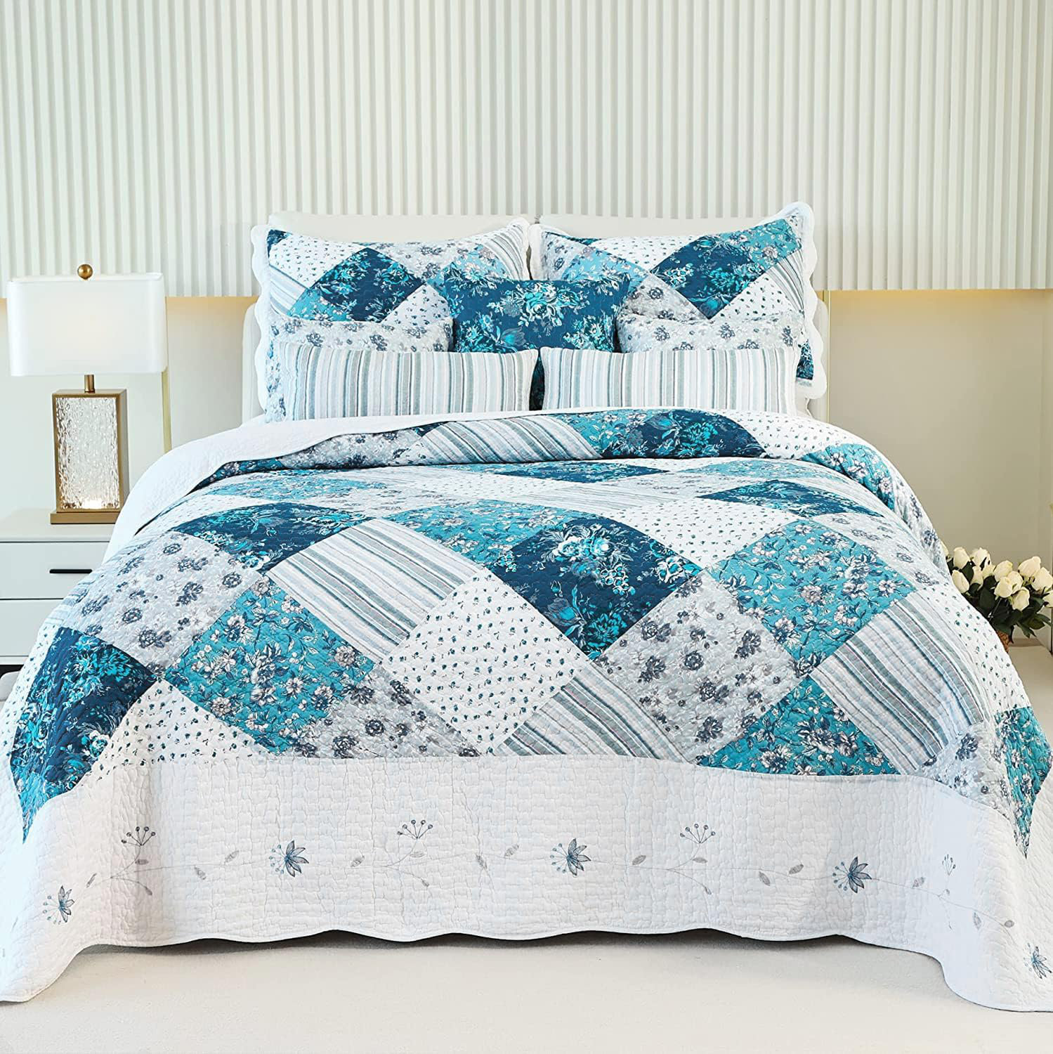 Evenhug 100% Cotton With Shams Blue Flower Real Patchwork Quilt Set ...