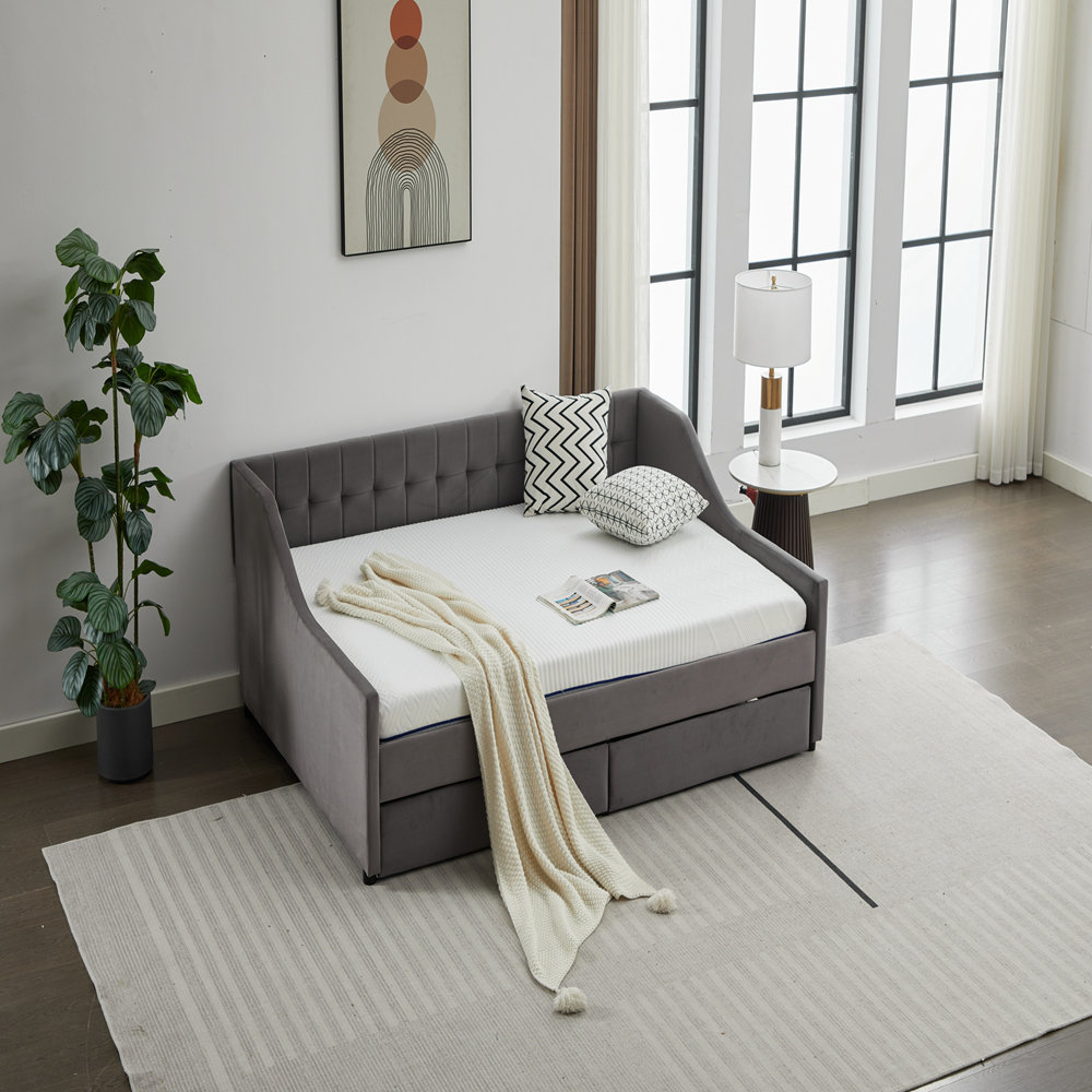 Mercer41 Daybed Corner Bed Sofa Bed with Drawers Velvet Upholstered ...