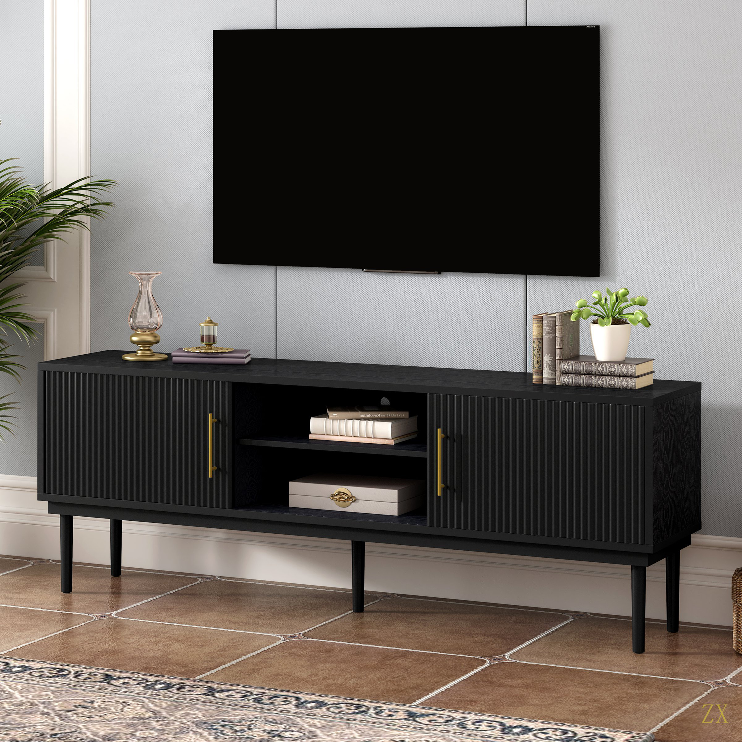 George Oliver TV Stand With Vertical Striped Doors, Space-Saving ...
