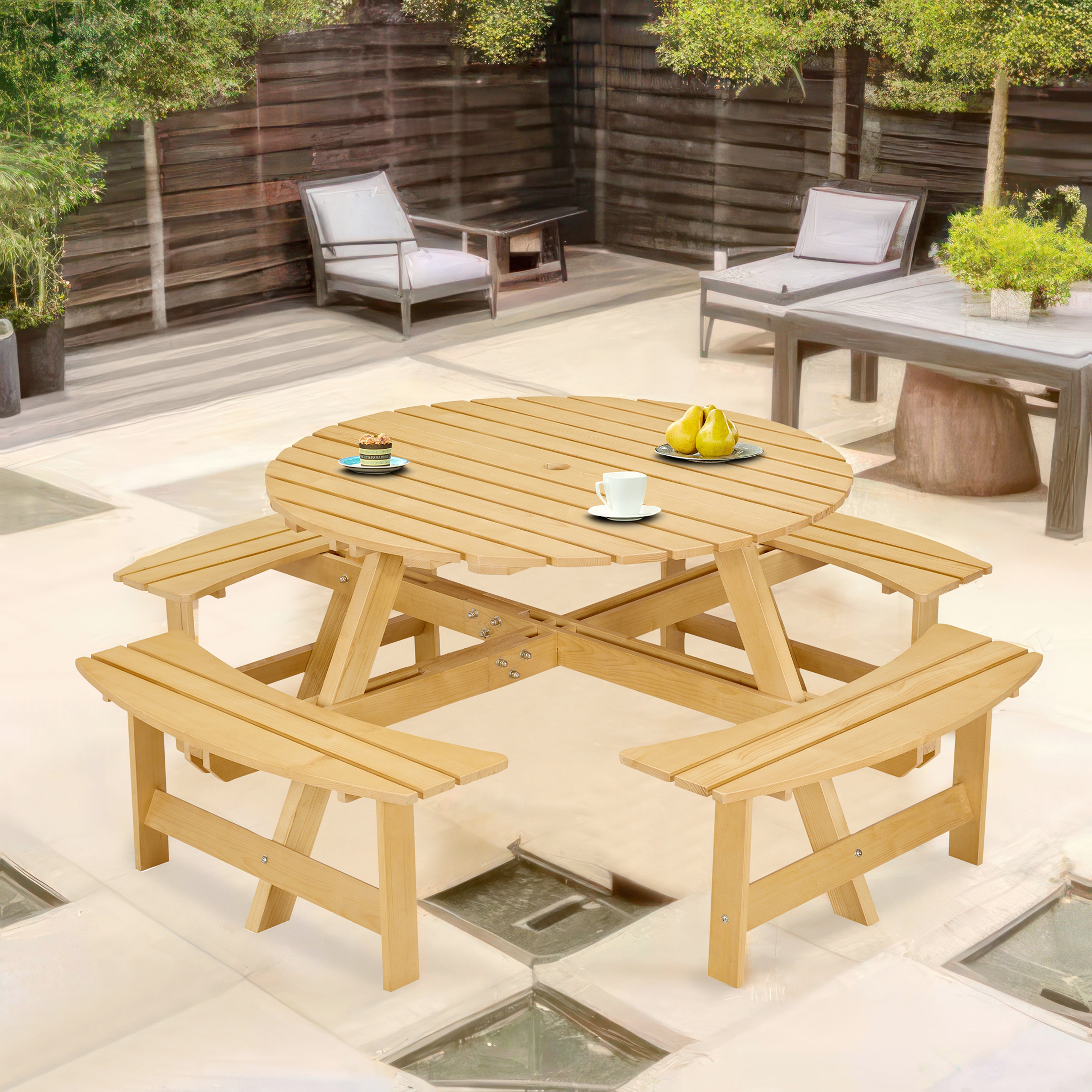 One Allium Way 8-Person Outdoor Round Picnic Table Set With 4 Built-In ...