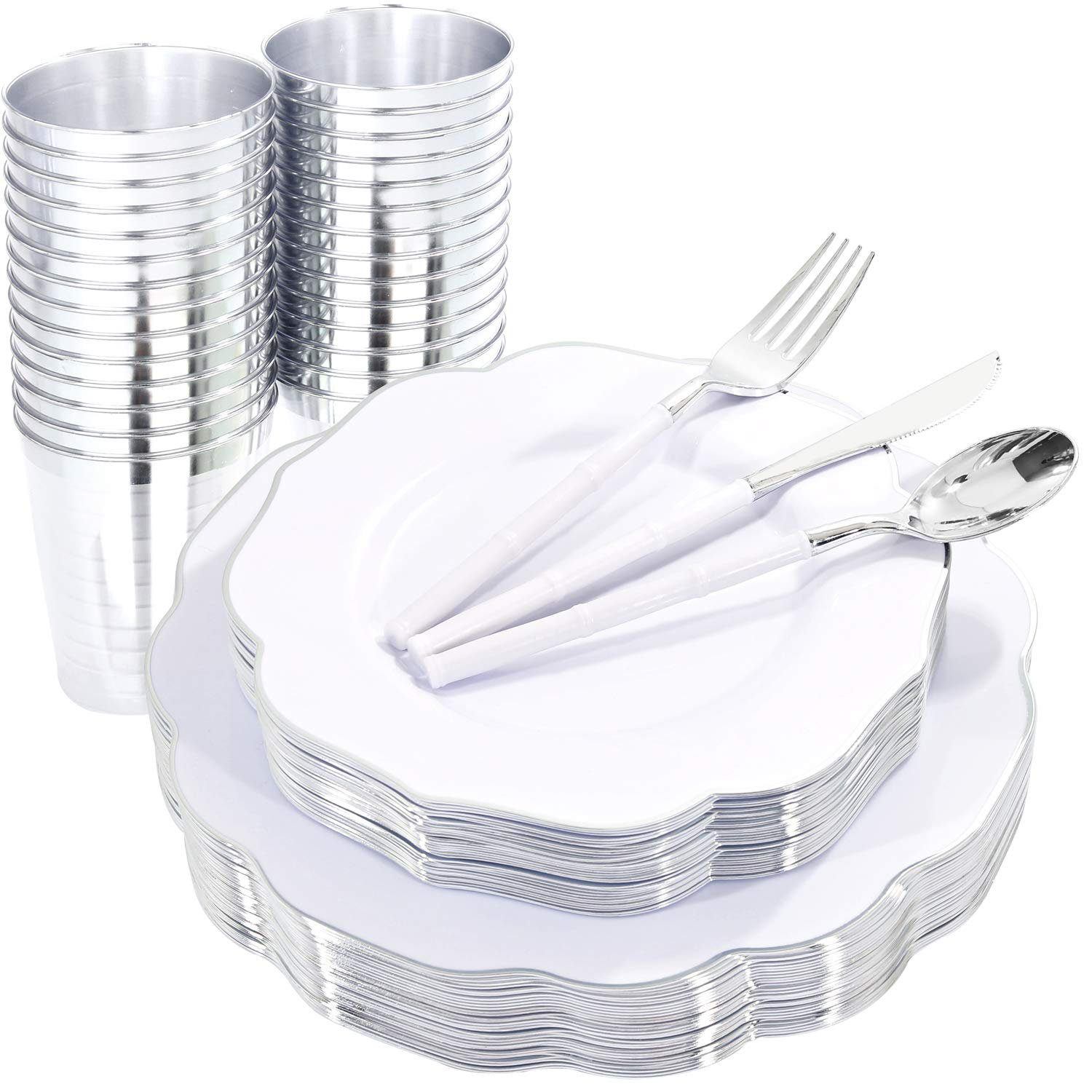 PRIMEX CABINETRY, INC. 30Guest White And Silver Plastic Plates With ...