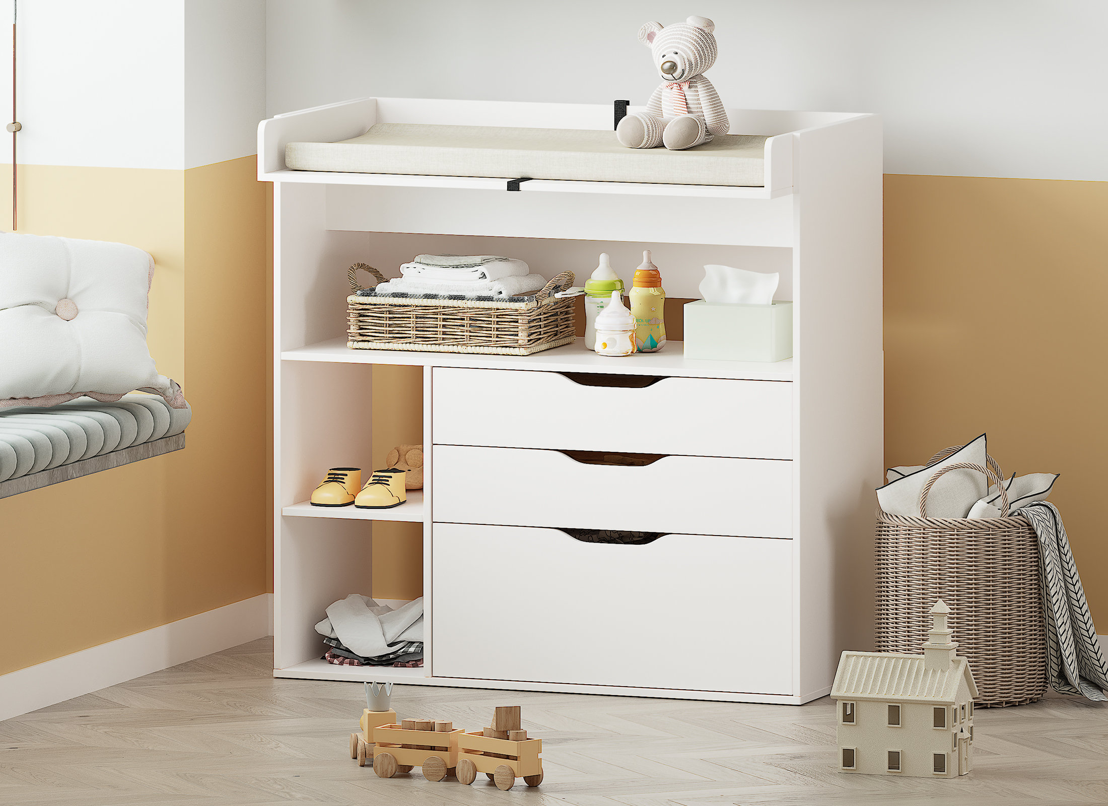 Ebern Designs Baby Changing Table Dresser, with 3 Drawers and 3 Storage ...
