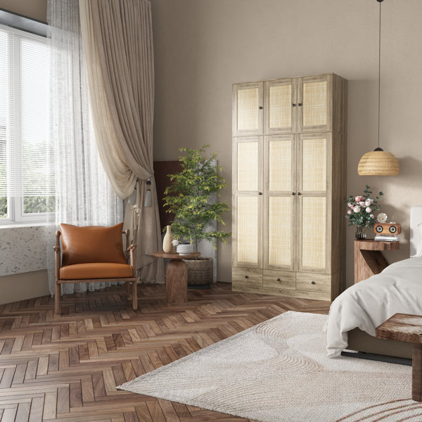 Bayou Breeze Rustic Wardrobe With Rattan-Panel Doors And Top Storage ...