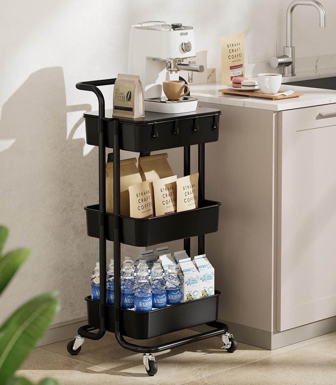 Granij Chariot roulant à 3 niveaux, chariot utilitaire avec roues et 4 ...