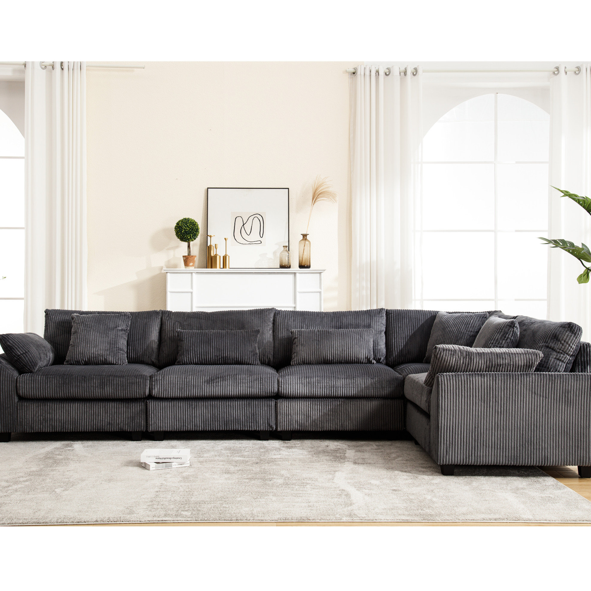 Latitude Run® Comfy 5 Seat Sectional, Corduroy Upholstered In Dark Gray ...