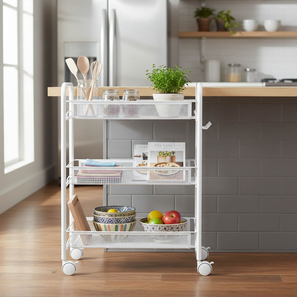 KYEUIN White 3-Tier Mesh Rolling Utility Cart With Hooks | Wayfair.co.uk
