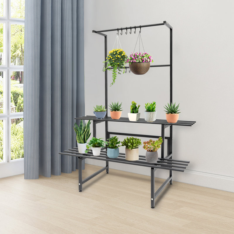Arlmont & Co. 2 Tier Plant Stand With Hanging Rods Metal Plant Holder ...