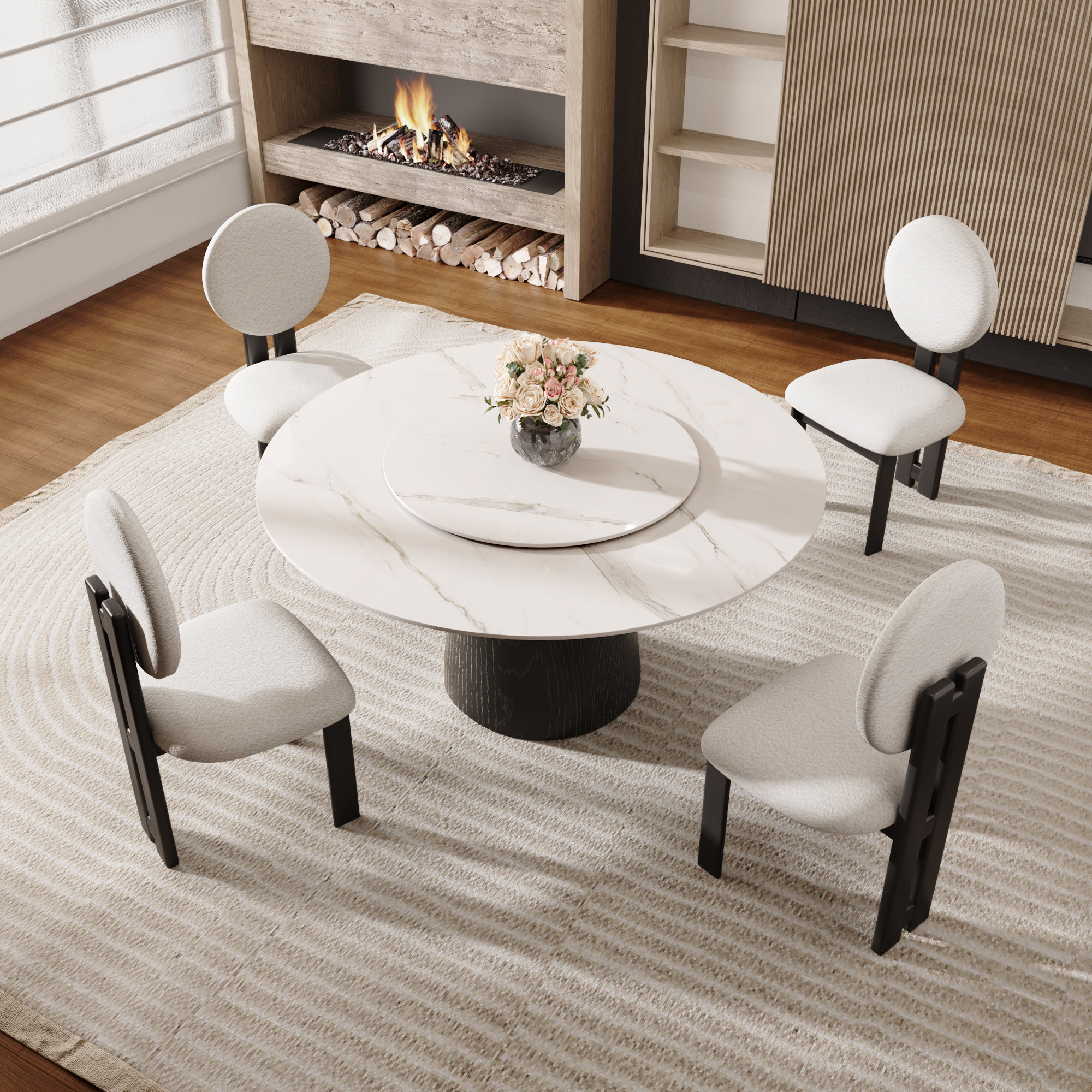 Ivy Bronx Modern Dining Table Set –Sintered Stone Tabletop With Lazy Susan, Lamb Wool ...