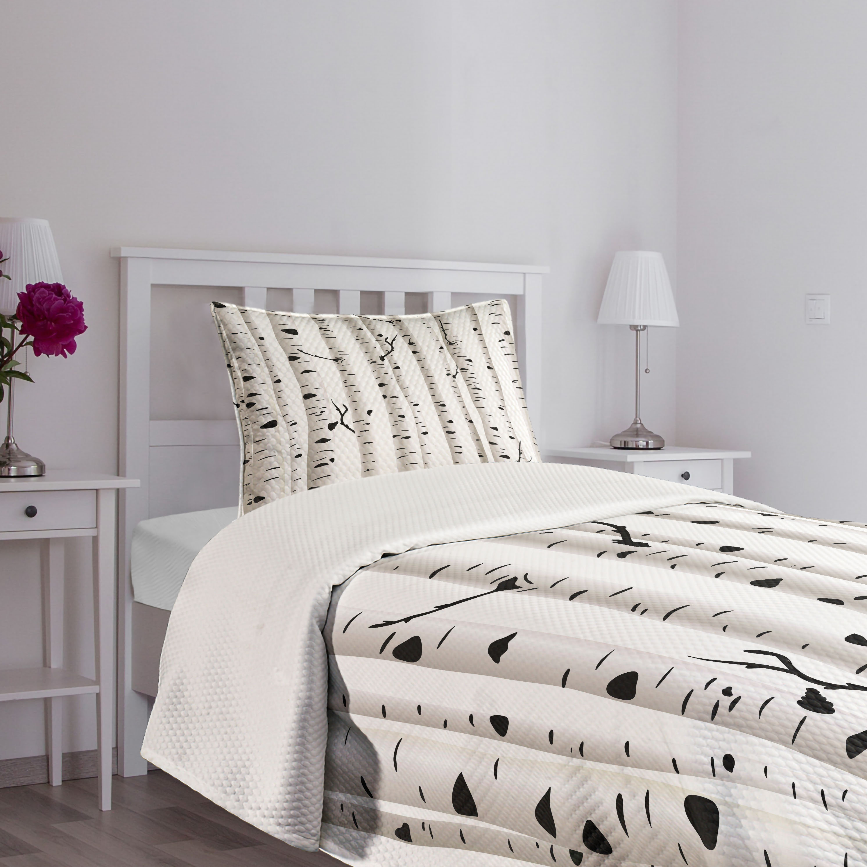 Ambesonne Birch Tree Bedspread Set Seasonal Woodland Black and White ...