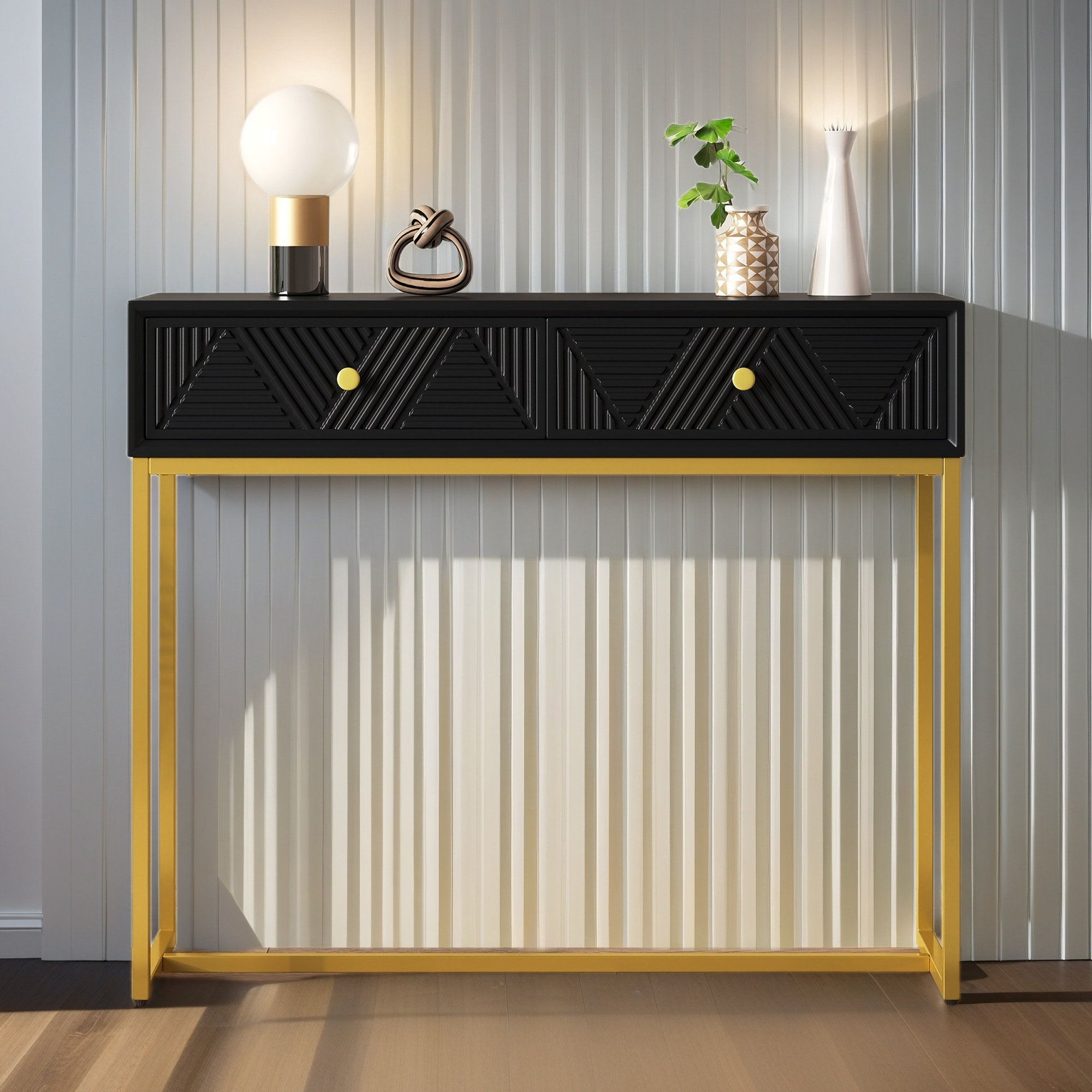 Mercer41 Modern Sleek Console Table Two Drawers With Stripe Design For ...