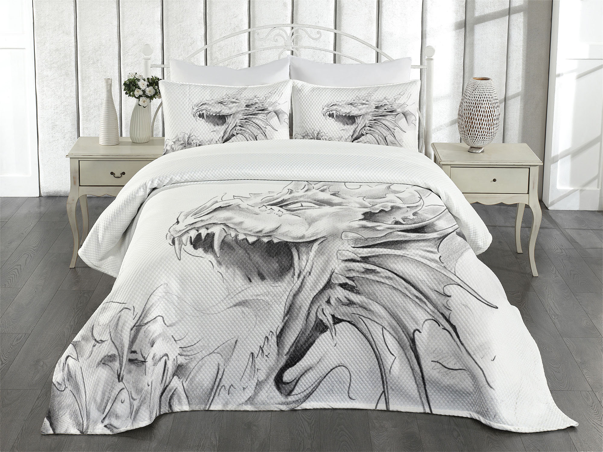 Ambesonne Dragon Bedspread Medieval Myth Sketch Pale Grey White | Wayfair
