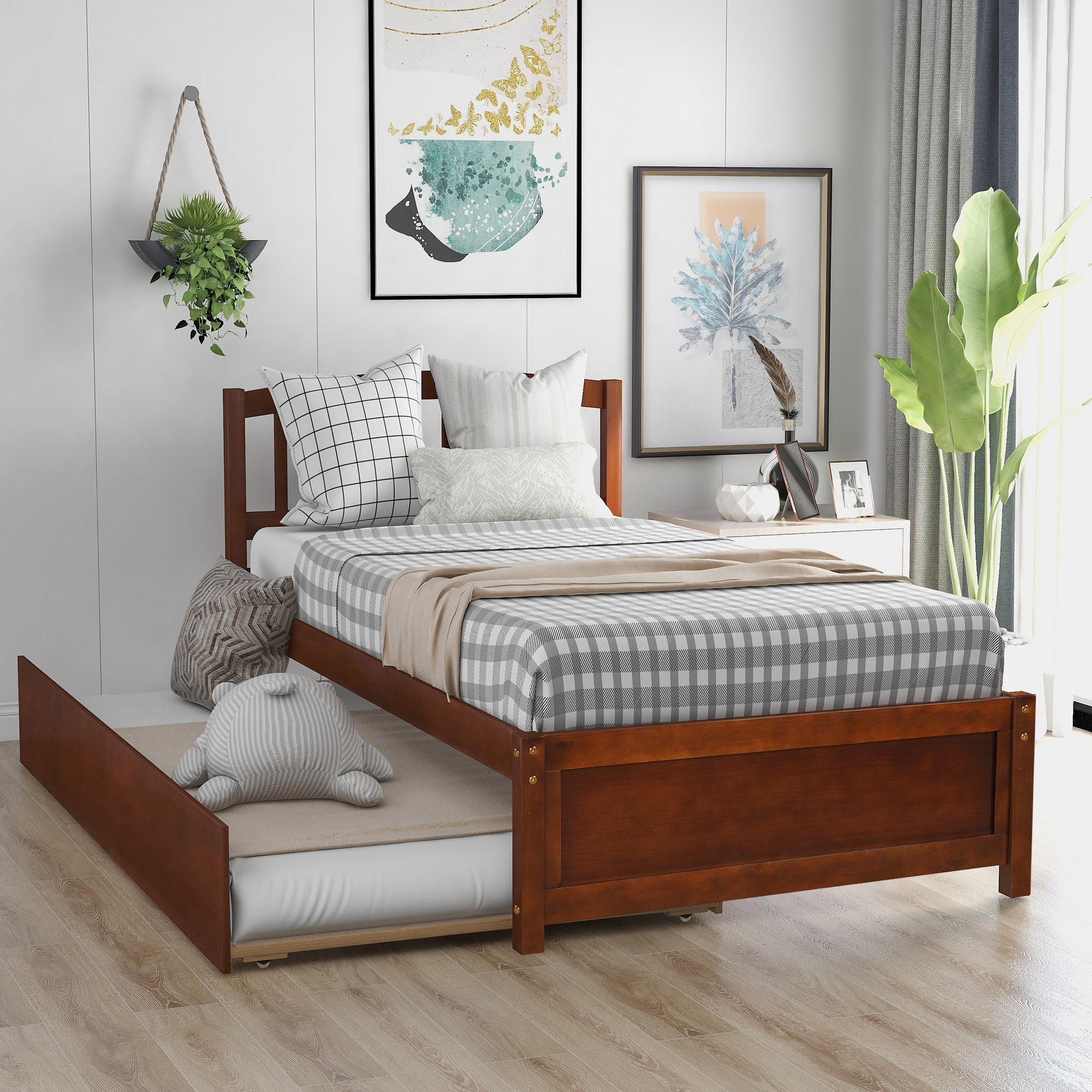Winston Porter Twin Size Platform Bed Wood Bed Frame With Trundle | Wayfair