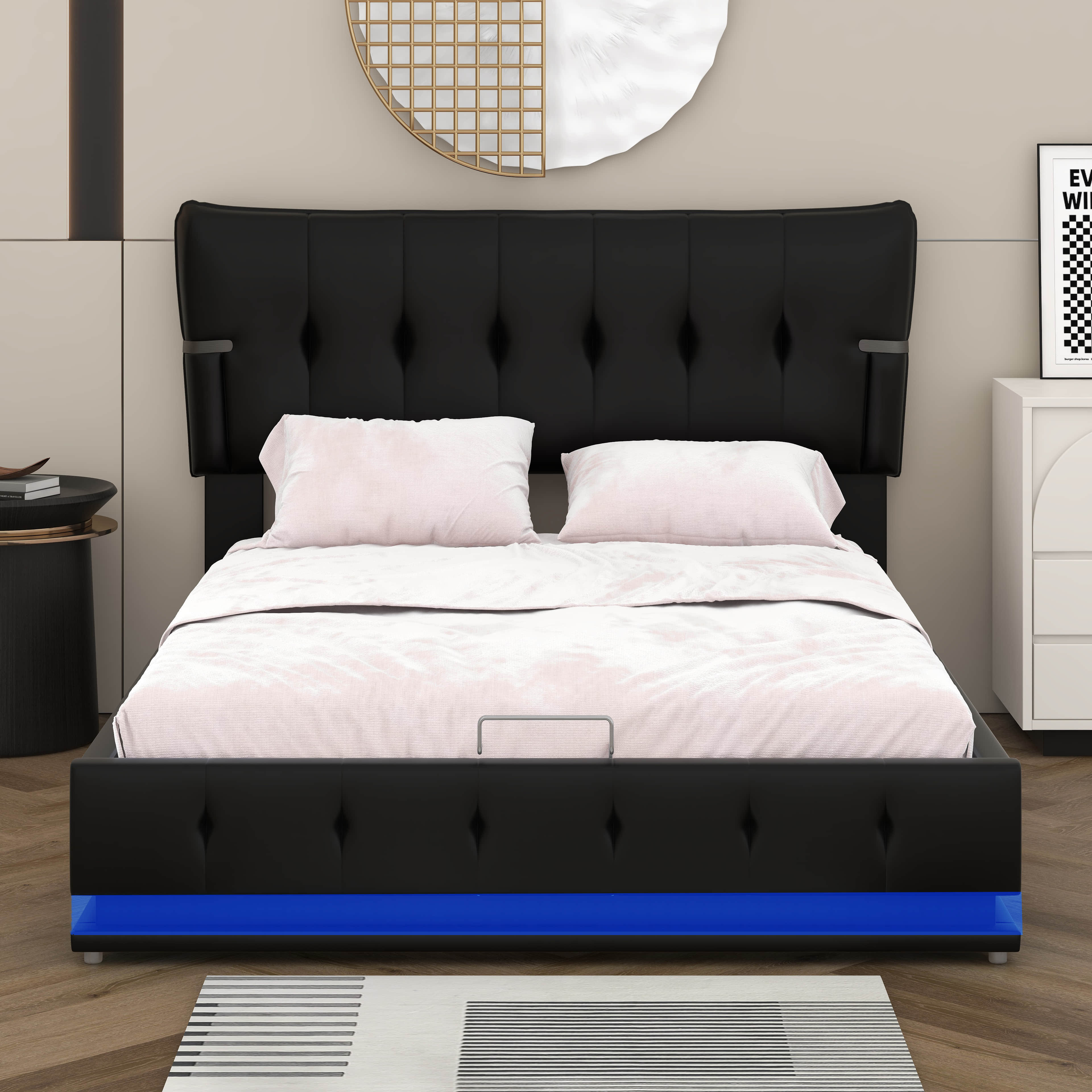 Latitude Run® Lift Up Storage Bed with RGB LED Light, PU Leather ...