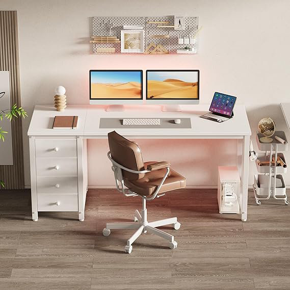 Ebern Designs White Computer Desk With Drawers - 55 Inch Long Study ...